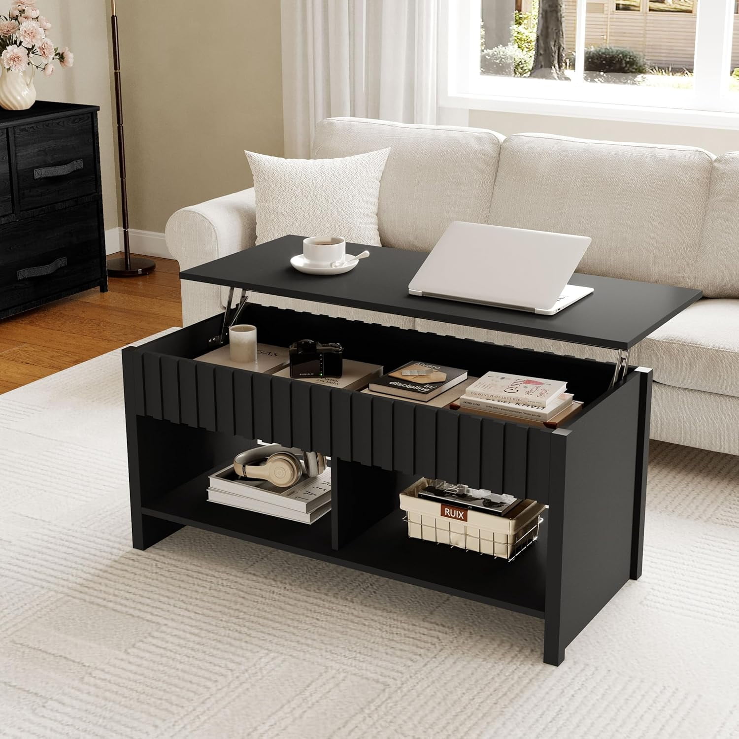 AVZEAR Fluted Lift Top Coffee Table, Wooden Coffee Table Dining Table ...