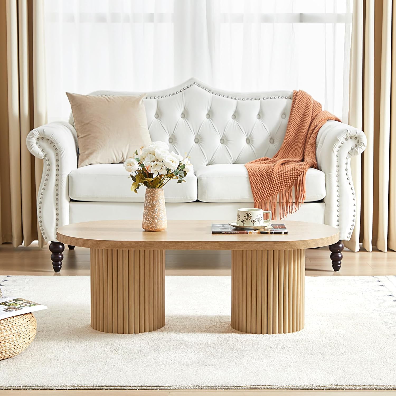 AVZEAR Fluted Oval Coffee Table for Living Room, Boho Modern Coffee ...