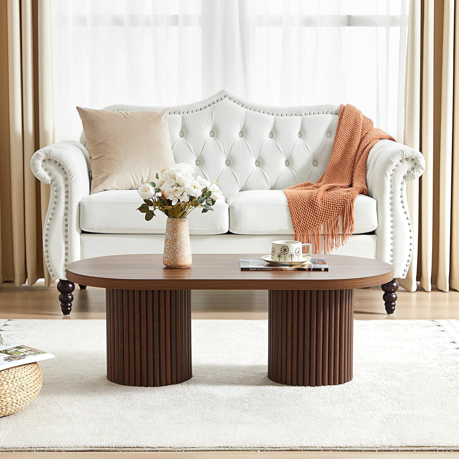 AVZEAR Oval Fluted Coffee Table for Living Room, Mid Century Modern ...
