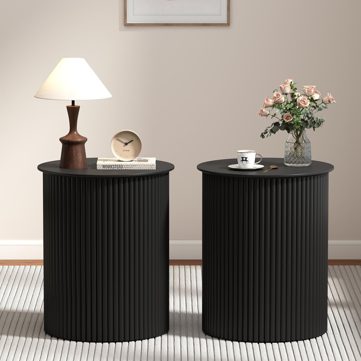 AVZEAR Small Round Side Table Fluted Night Stand Set of 2, 17.7" Mid ...