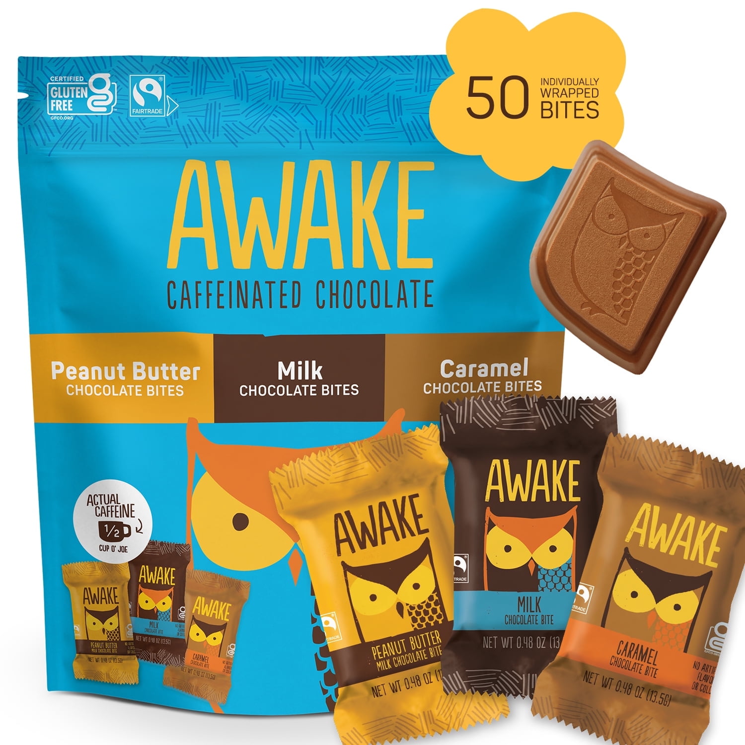 AWAKE Caffeinated Chocolate: Peanut Butter, Milk & Caramel Variety Pack ...