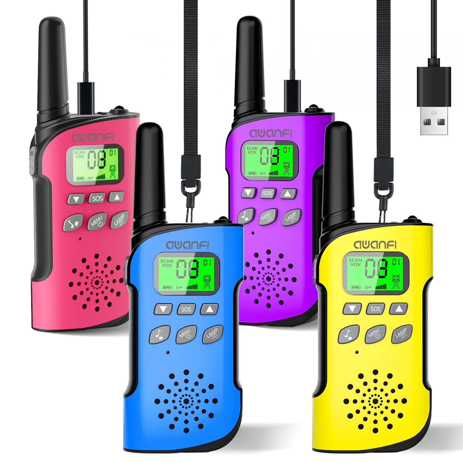 AWANFI Walkie Talkies Long Range 4 Pack Rechargeable Kids Family 22 ...