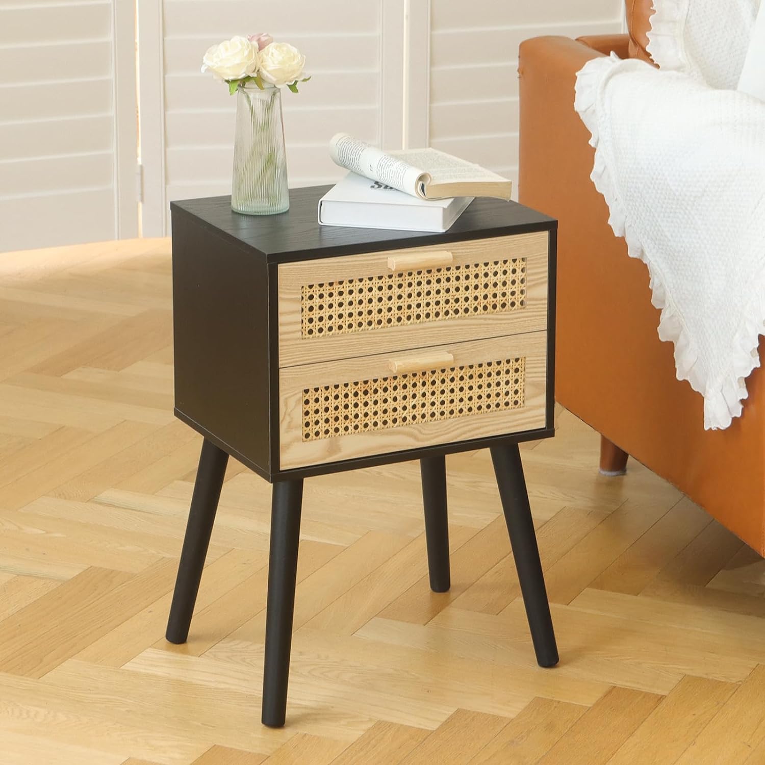 AWASEN Mid Century Nightstand, Black Rattan Nightstand with 2 Drawers ...