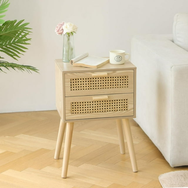 AWASEN Rattan Nightstand with Storage, Wood Bedside Table with 2 Rattan ...