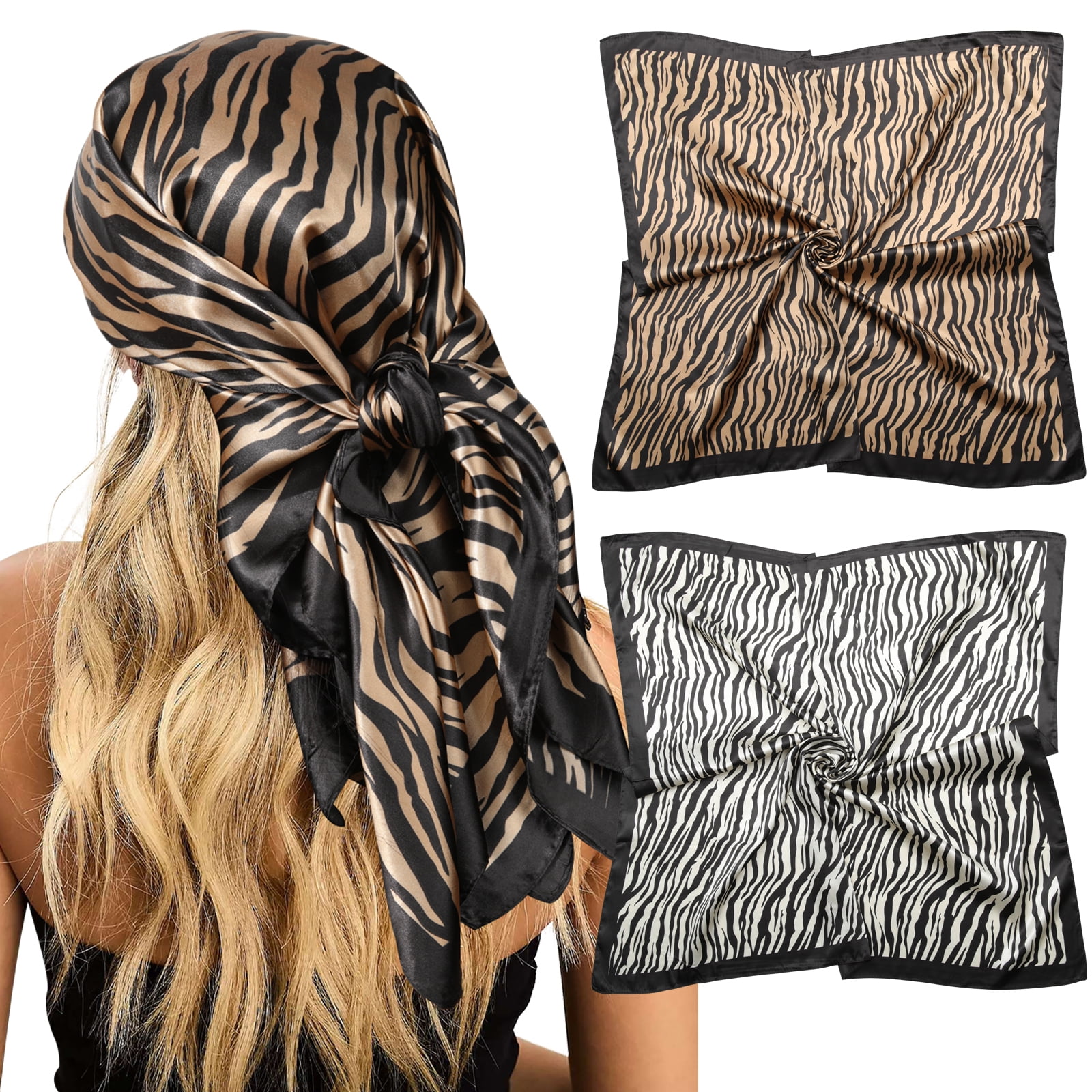 AWAYTR 35” Large Satin Square Head Scarf - 2Pcs Silk Floral Head ...
