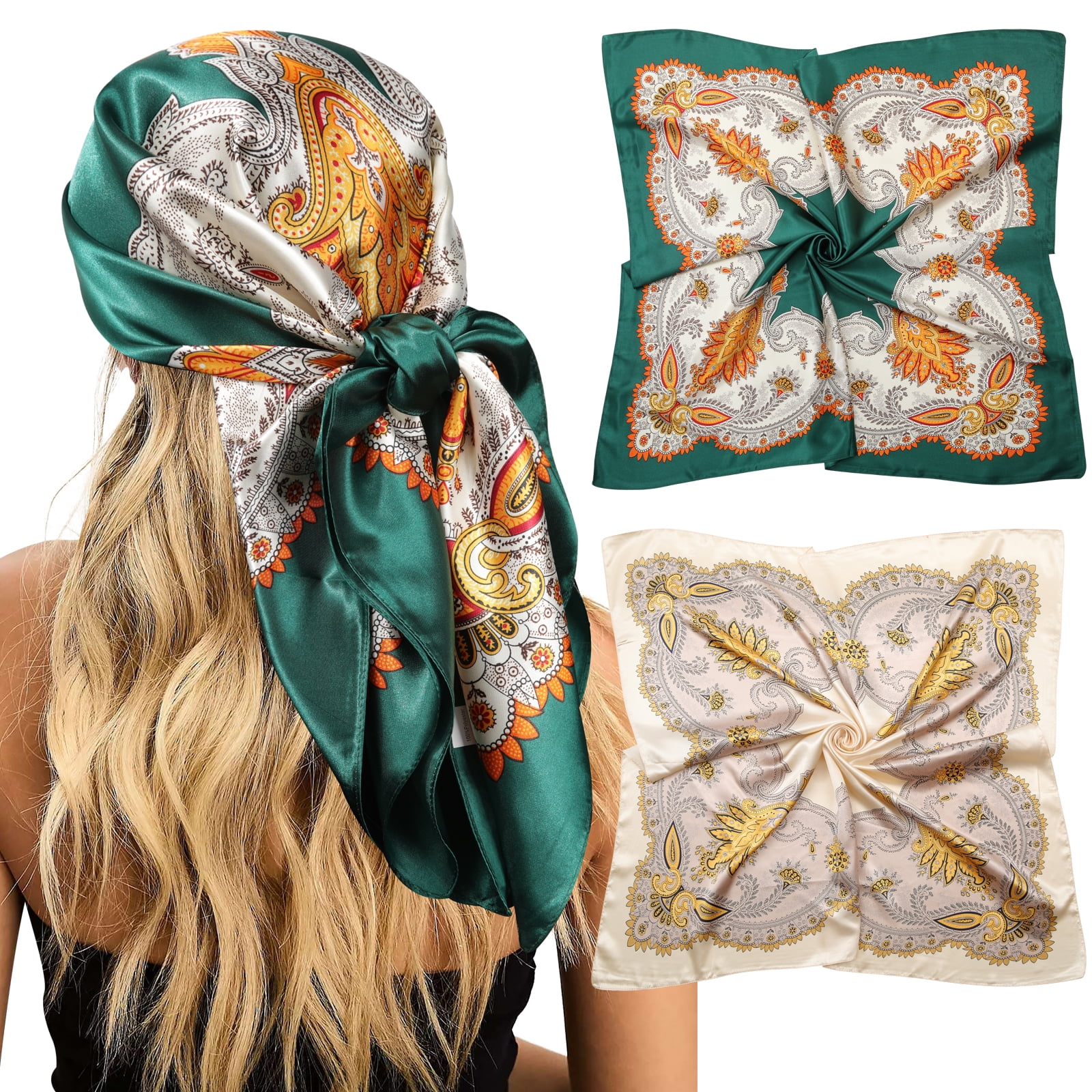AWAYTR 35” Large Satin Square Head Scarf - 2Pcs Silk Floral Head ...