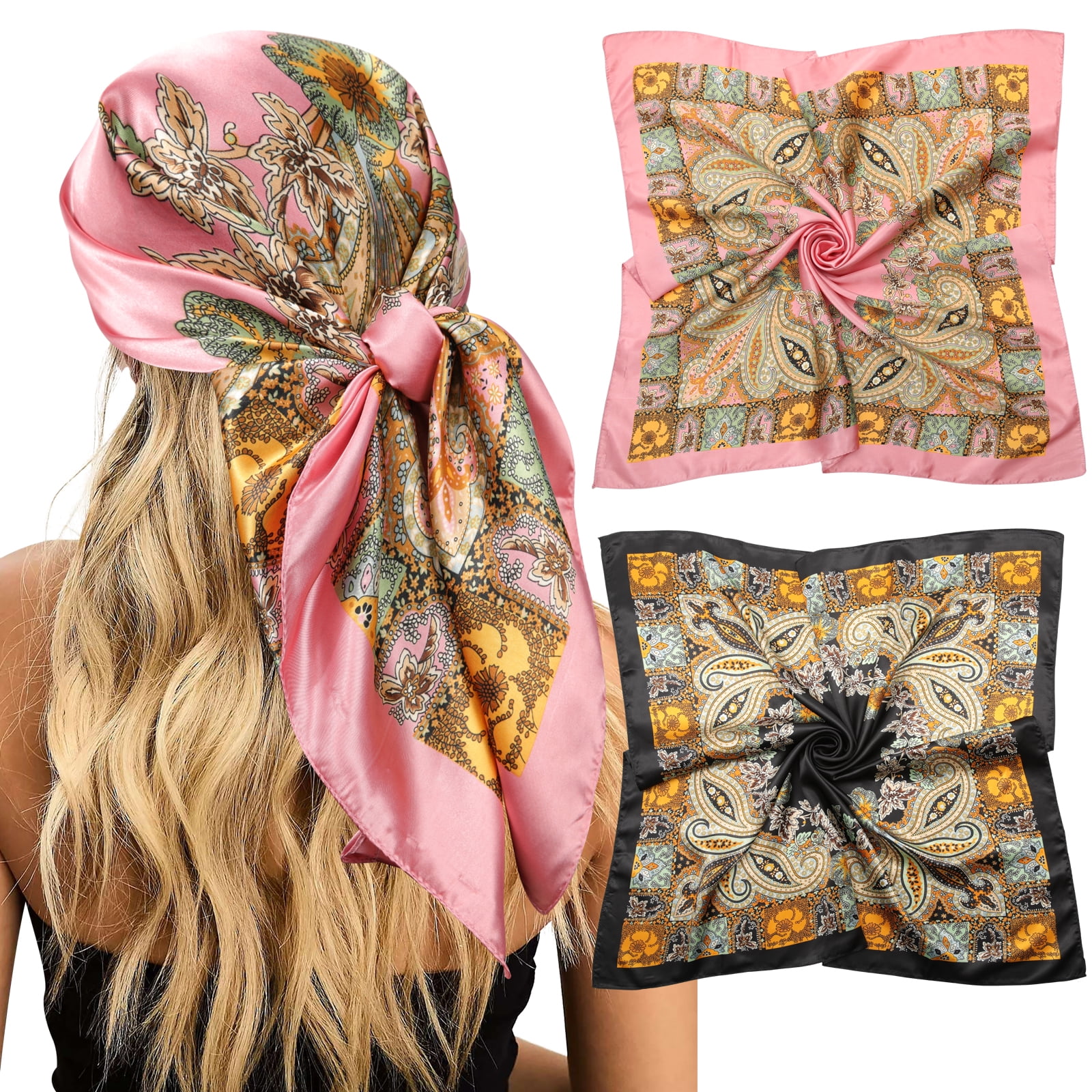 AWAYTR 35” Large Satin Square Head Scarf - 2Pcs Silk Floral Head ...