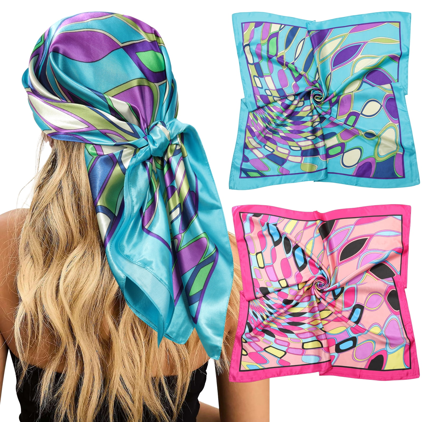 AWAYTR 35” Large Satin Square Head Scarf - 2Pcs Silk Floral Head ...