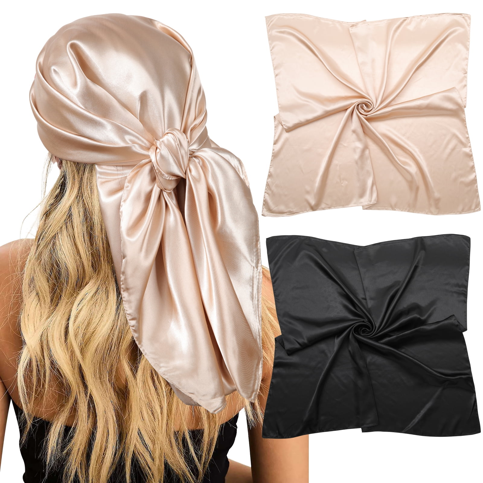 AWAYTR 35” Large Satin Square Head Scarf - 2Pcs Silk Floral Head ...