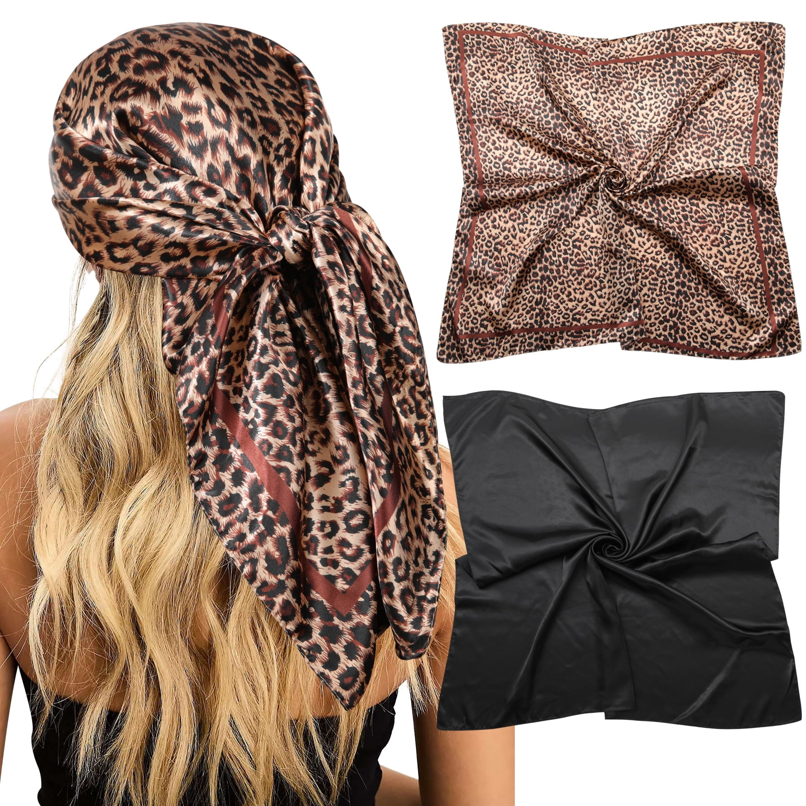 AWAYTR Women's Satin Silk Like Floral Head Square Scarves, 2 Piece ...