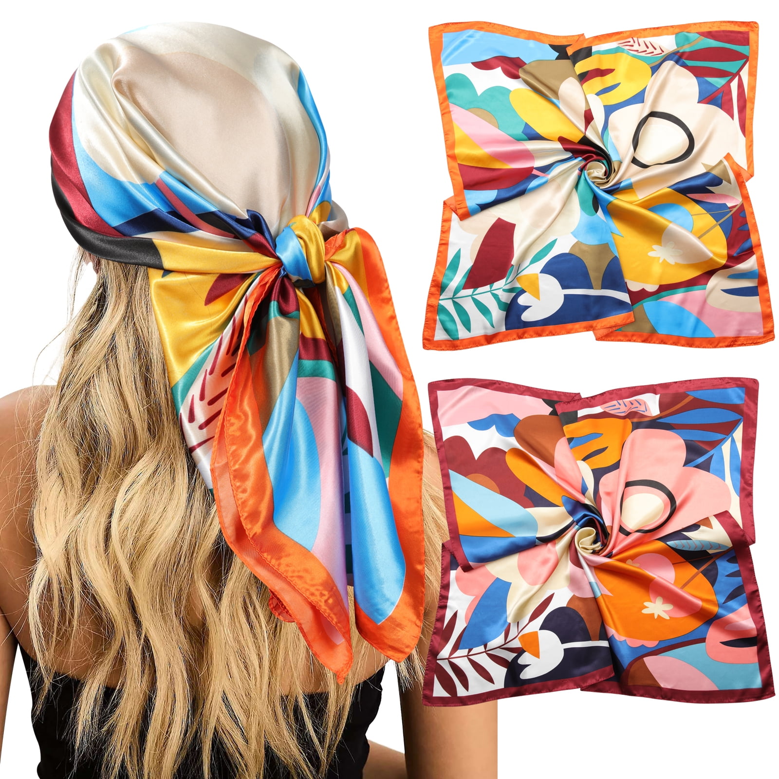 AWAYTR 35” Large Satin Square Head Scarf - 2Pcs Silk Floral Head ...