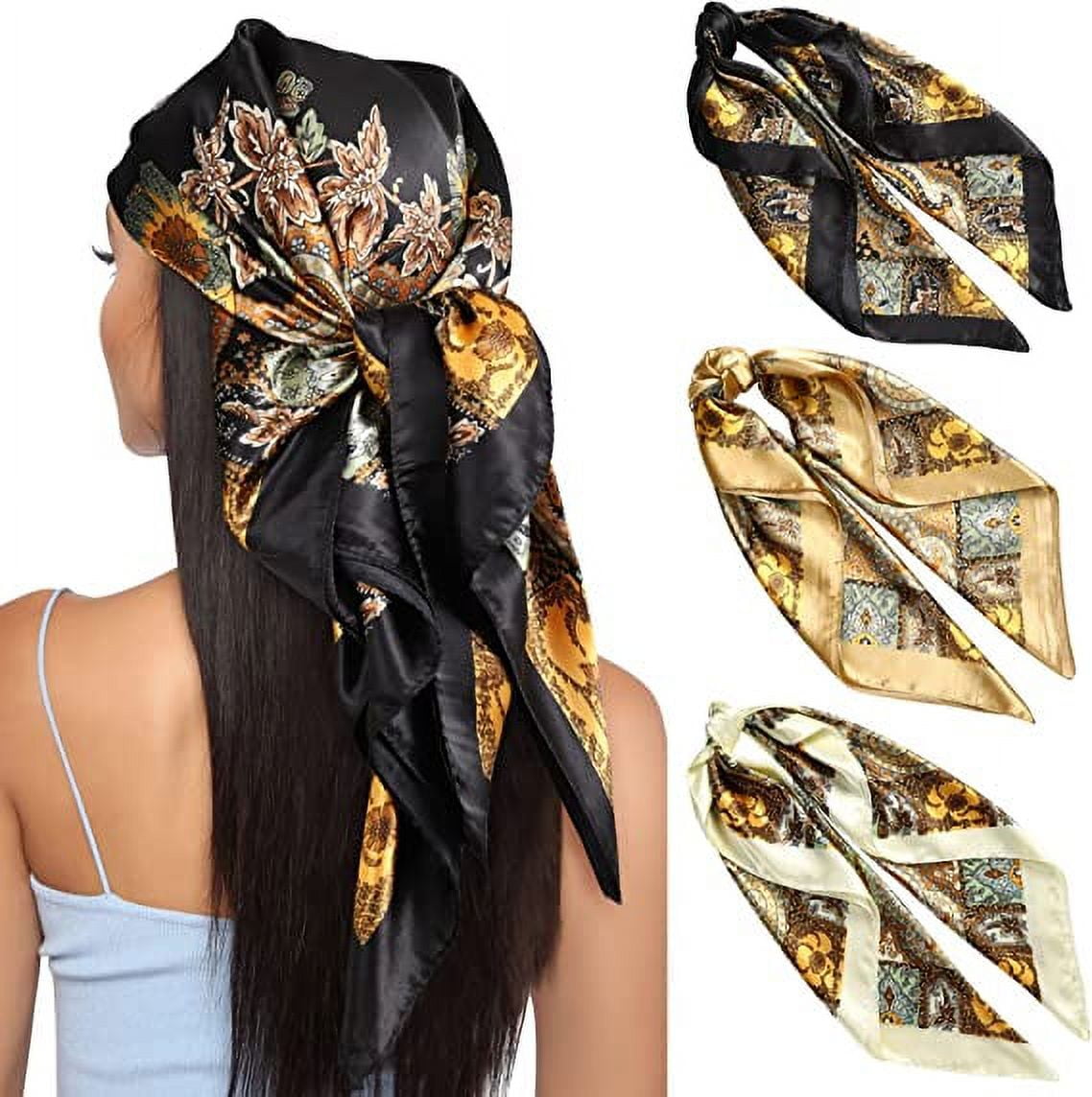 AWAYTR 35” Large Square Satin Head Scarf - 3Pcs Satin Hair Scarves Silk ...
