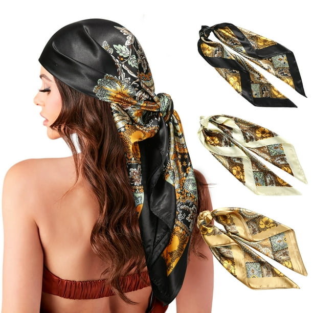 AWAYTR 35 Large Square Satin Head Scarf 3Pcs Women Satin Hair Scarves Silk Bandana Scarf Headscarf
