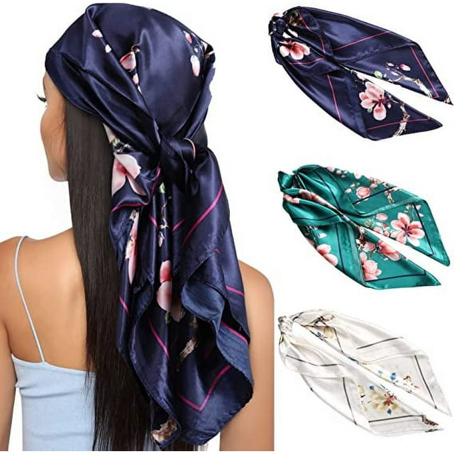AWAYTR 35” Large Square Satin Head Scarf - 3Pcs Satin Hair Scarves Silk ...