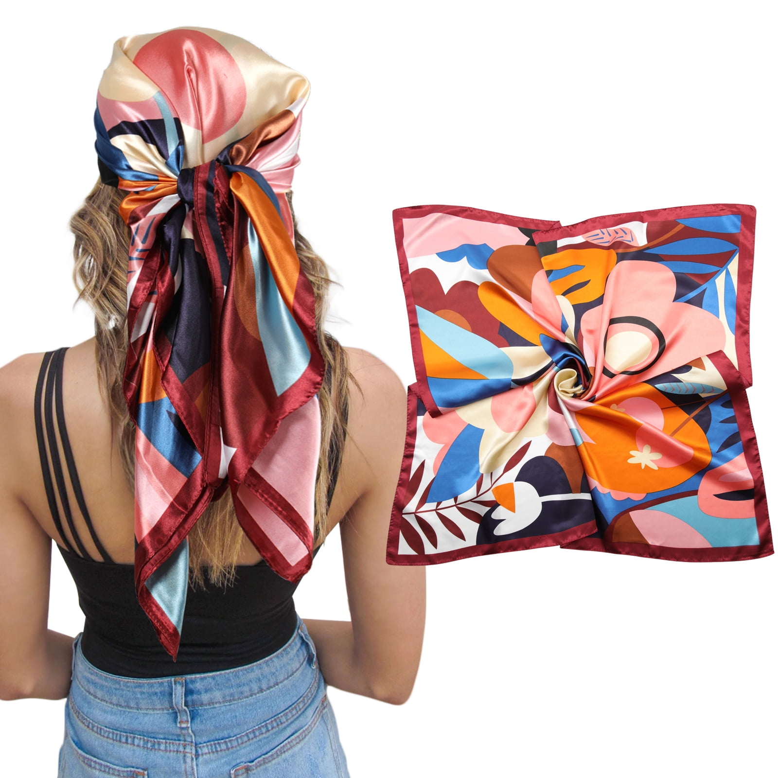 AWAYTR 35" Large Square Satin Head Scarf - Silk Hair Scarf Square Hair ...