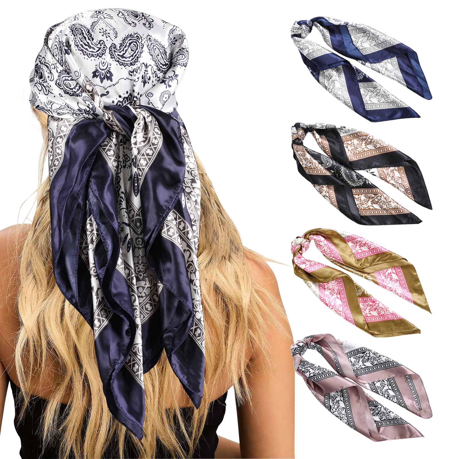 AWAYTR 35” Satin Large Silk Head Scarf 4 Pcs Women Square Silk Like ...
