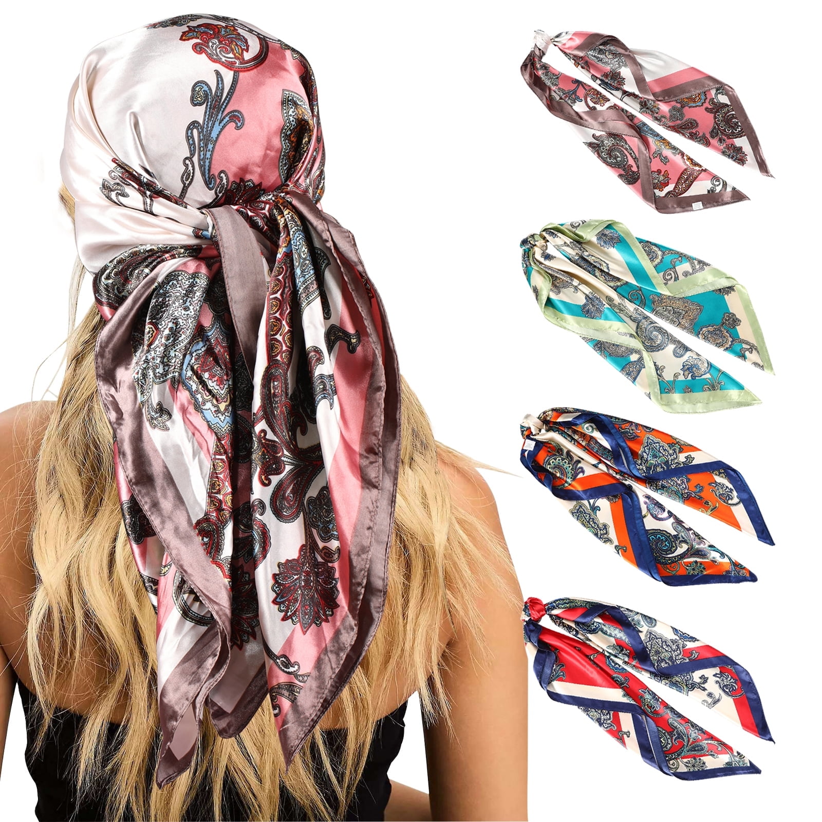 AWAYTR 35” Satin Large Silk Head Scarf 4 Pcs Women Square Silk Like ...