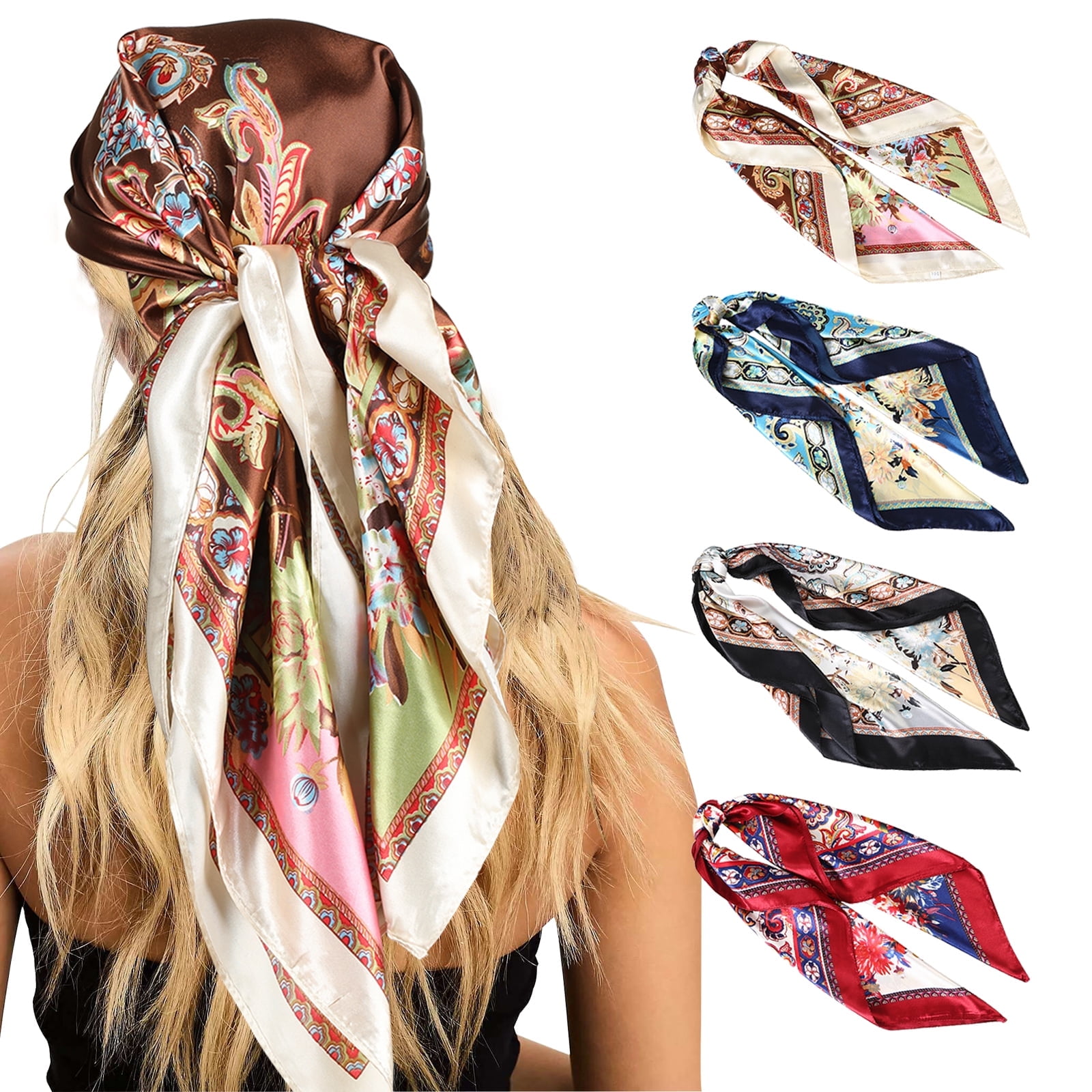 AWAYTR 35” Satin Large Silk Head Scarf 4 Pcs Women Square Silk Like ...