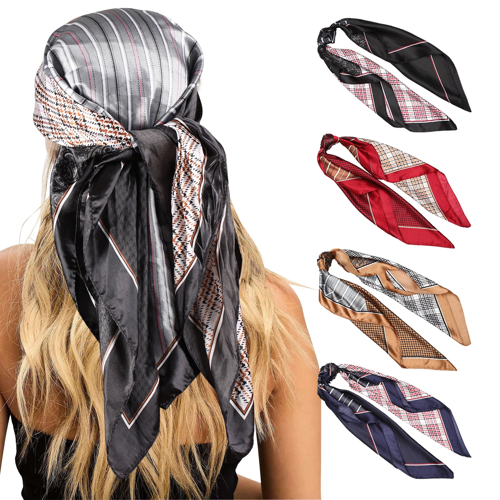 AWAYTR 35” Satin Large Silk Head Scarf 4 Pcs Women Square Silk Like ...