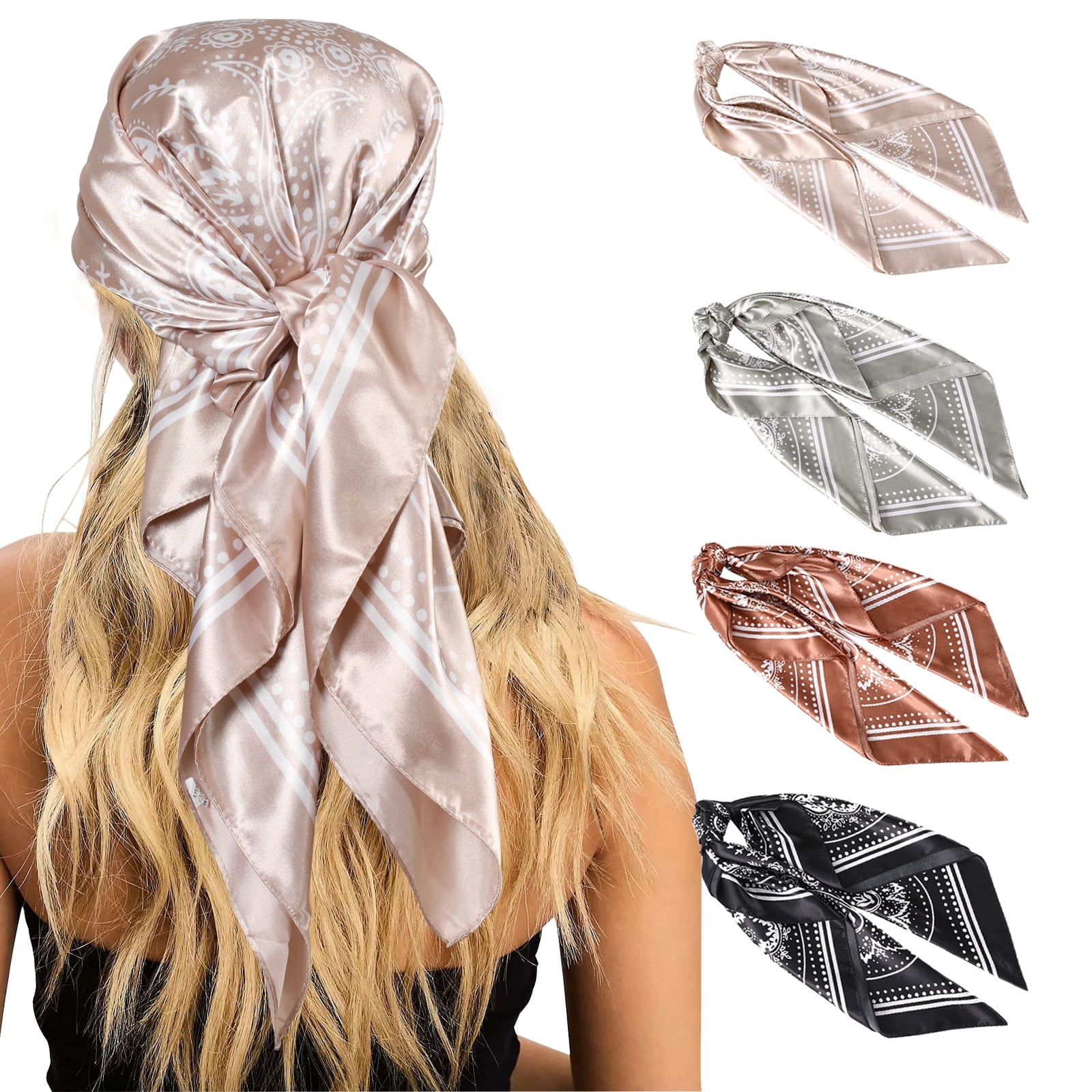 AWAYTR 35” Satin Large Silk Head Scarf 4 Pcs Women Square Silk Like ...