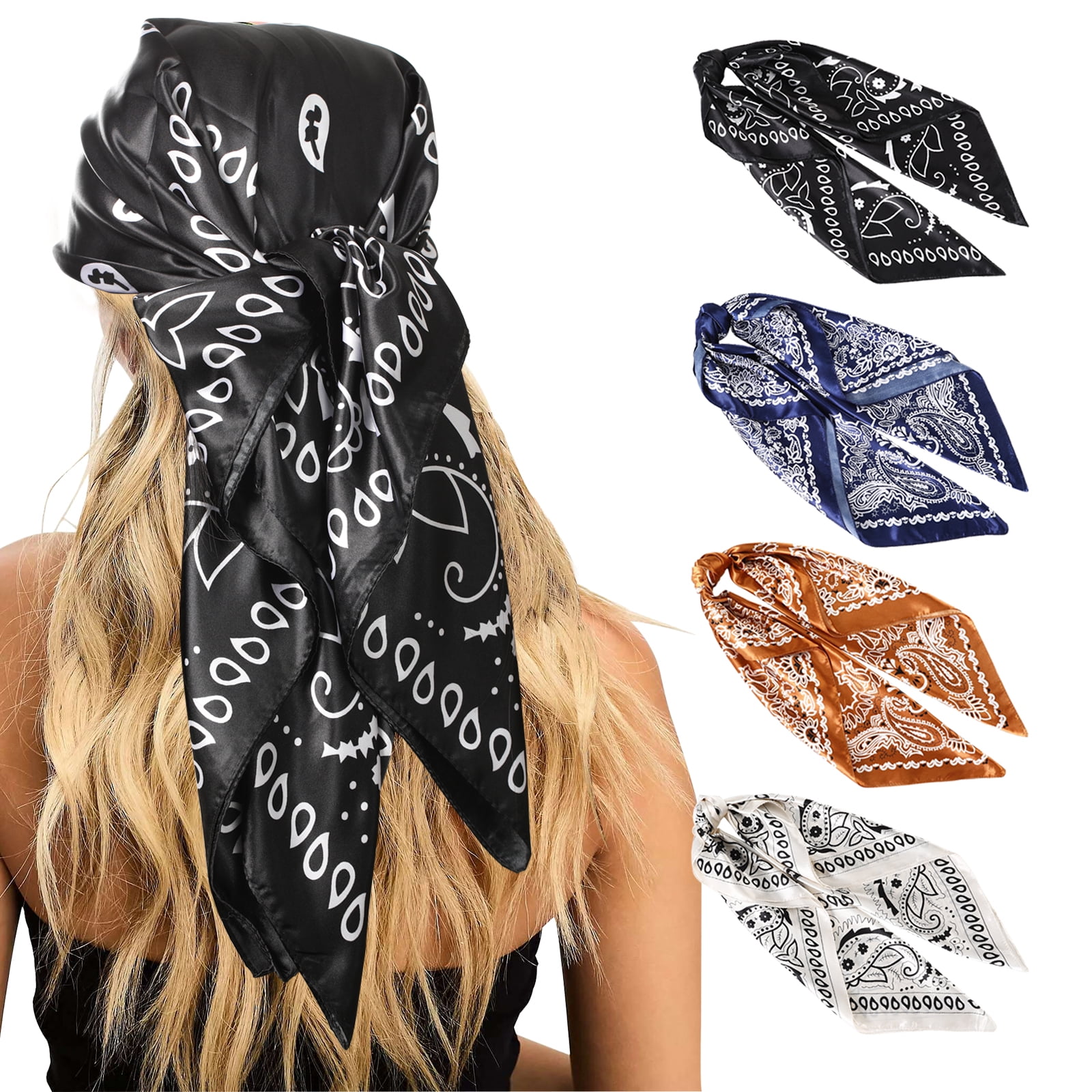 AWAYTR 35” Satin Large Silk Head Scarf 4 Pcs Women Square Silk Like ...