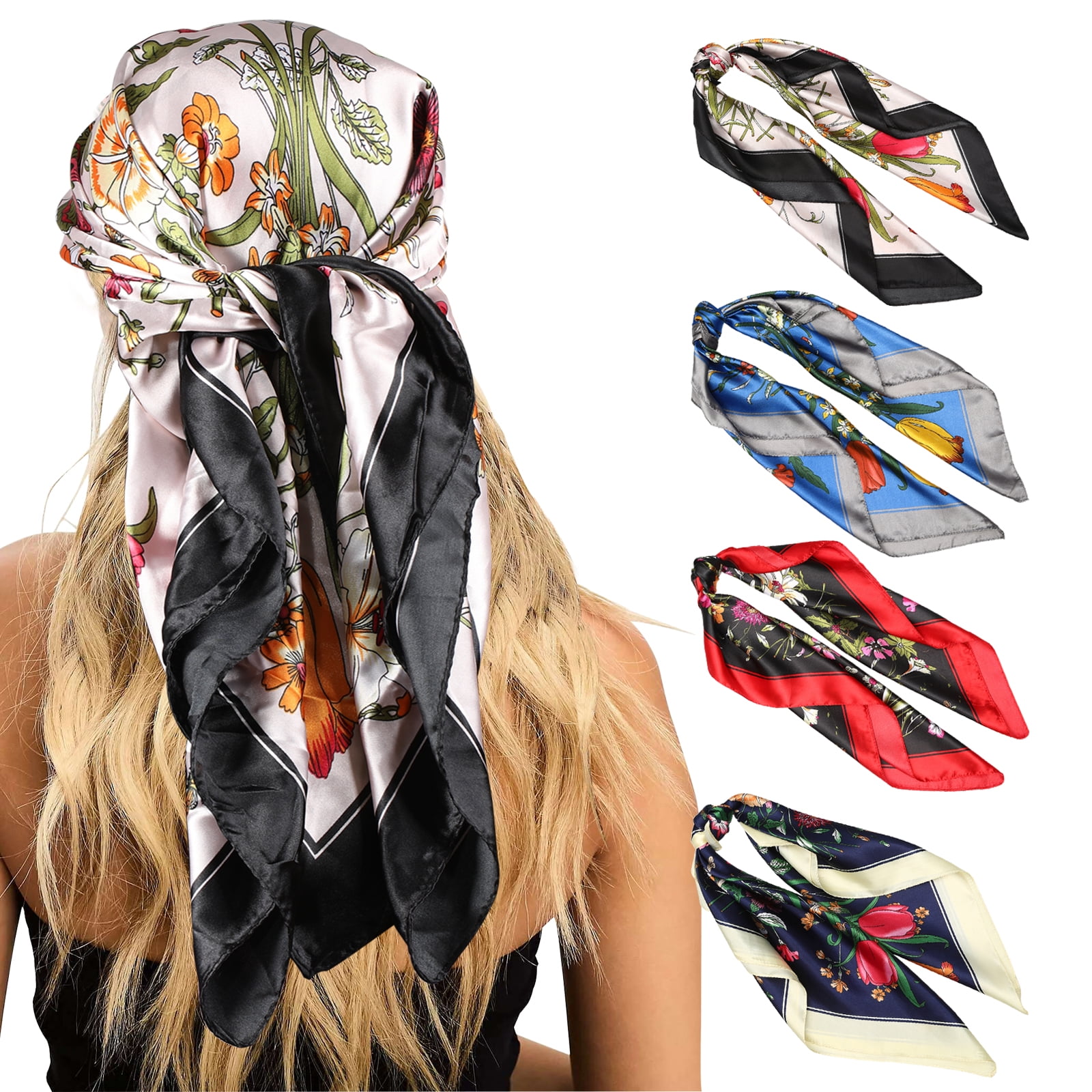 AWAYTR 4 Pcs 35” Large Silk Satin Square Head Scarves, Lightweight ...
