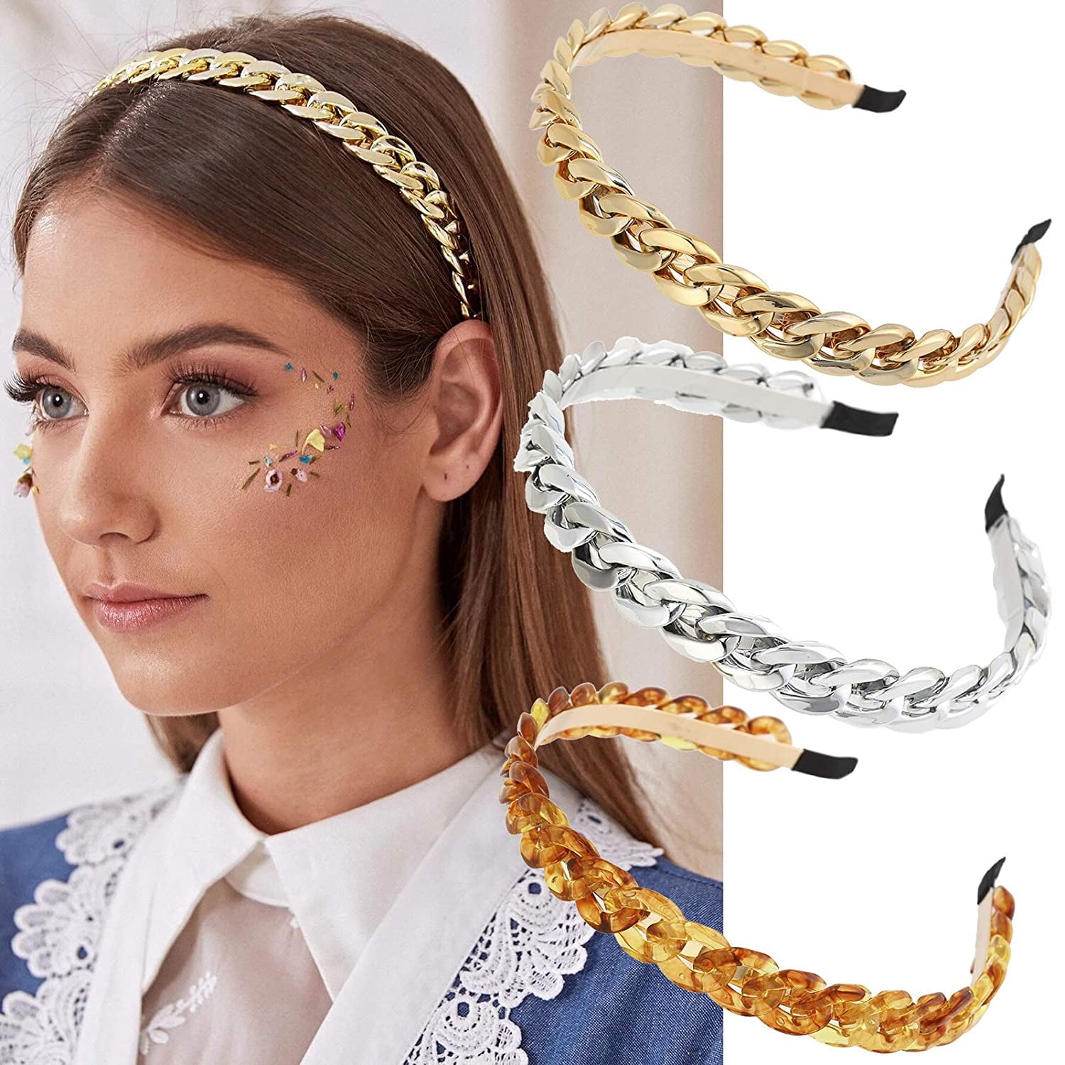 AWAYTR Chain Hairband Women Metal Resin Headband - 3 Pcs Chained ...