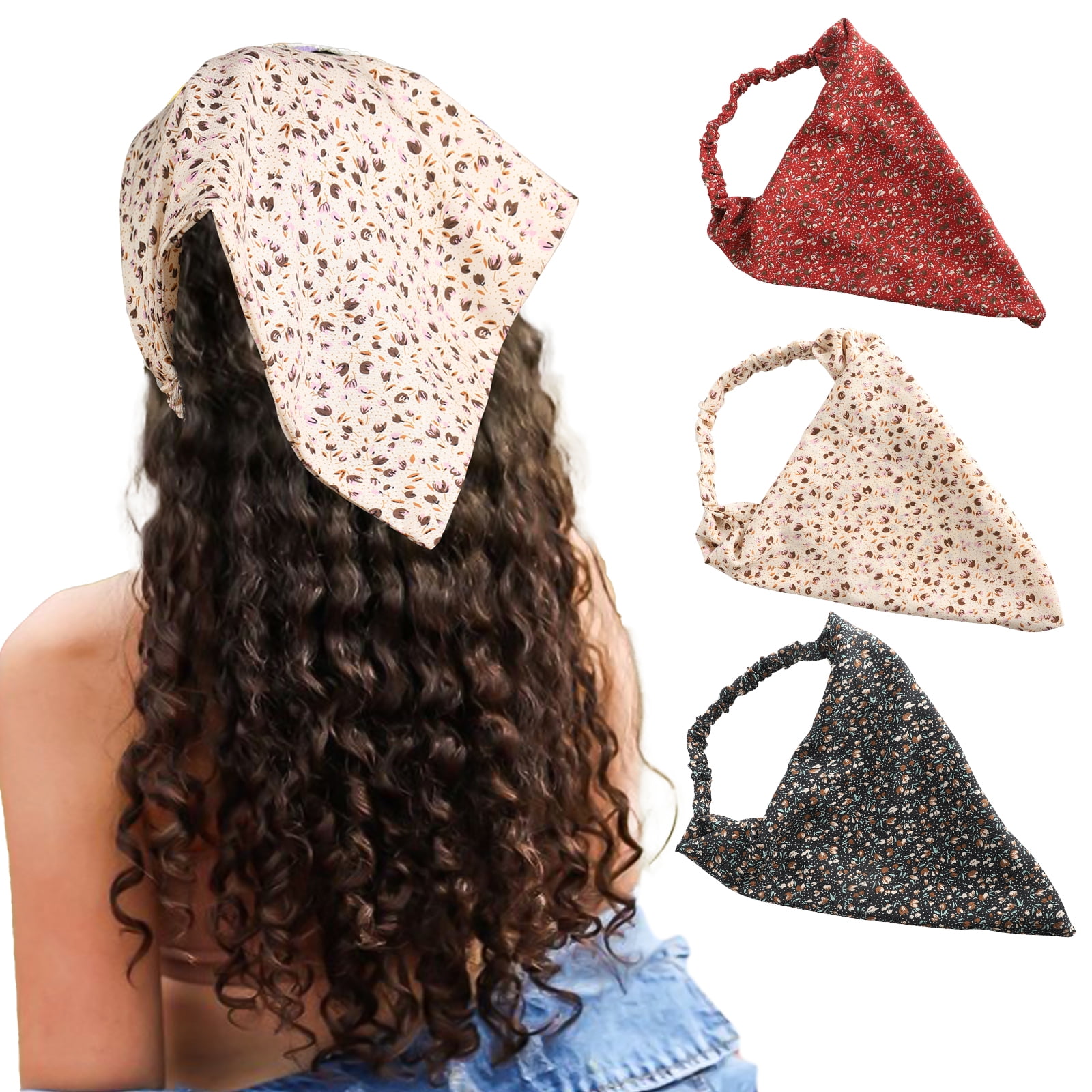 AWAYTR 3PCS Floral Elastic Hair Band, Chiffon Kerchief Scarf Headband ...