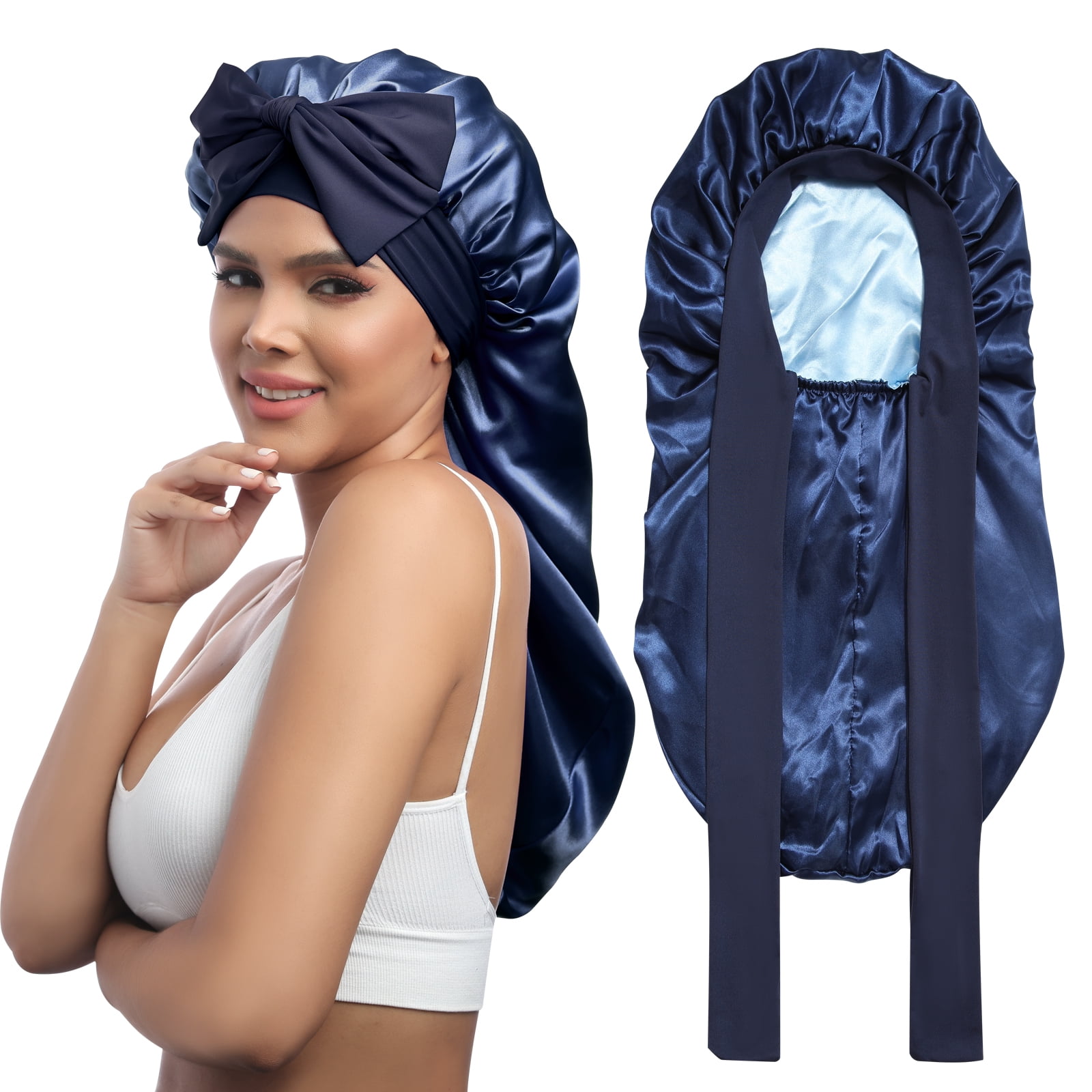AWAYTR Long Satin Bonnet - Double Layer Reversible Silk Bonnet for Long Hair Women Sleeping Cap ...