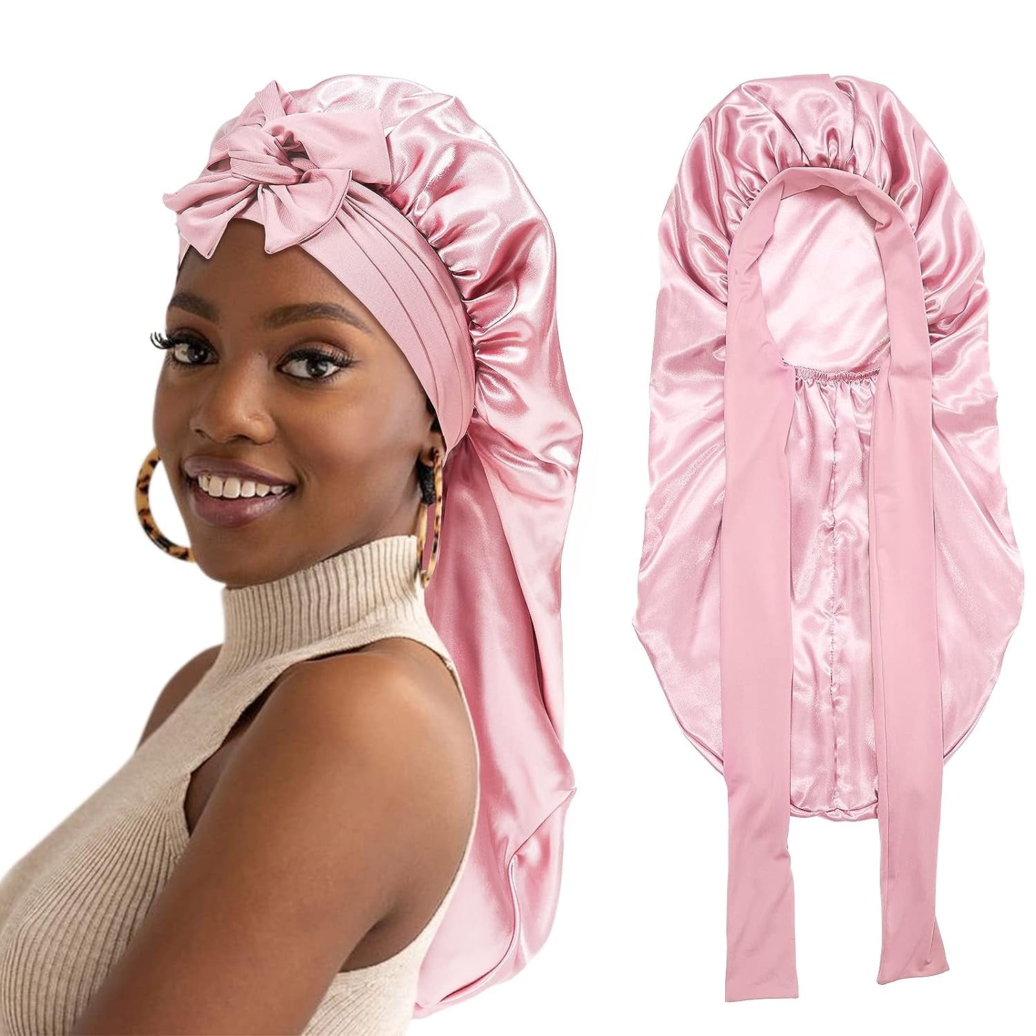 AWAYTR Long Satin Bonnet for Women - Double Layer Elastic Silk Bonnet ...