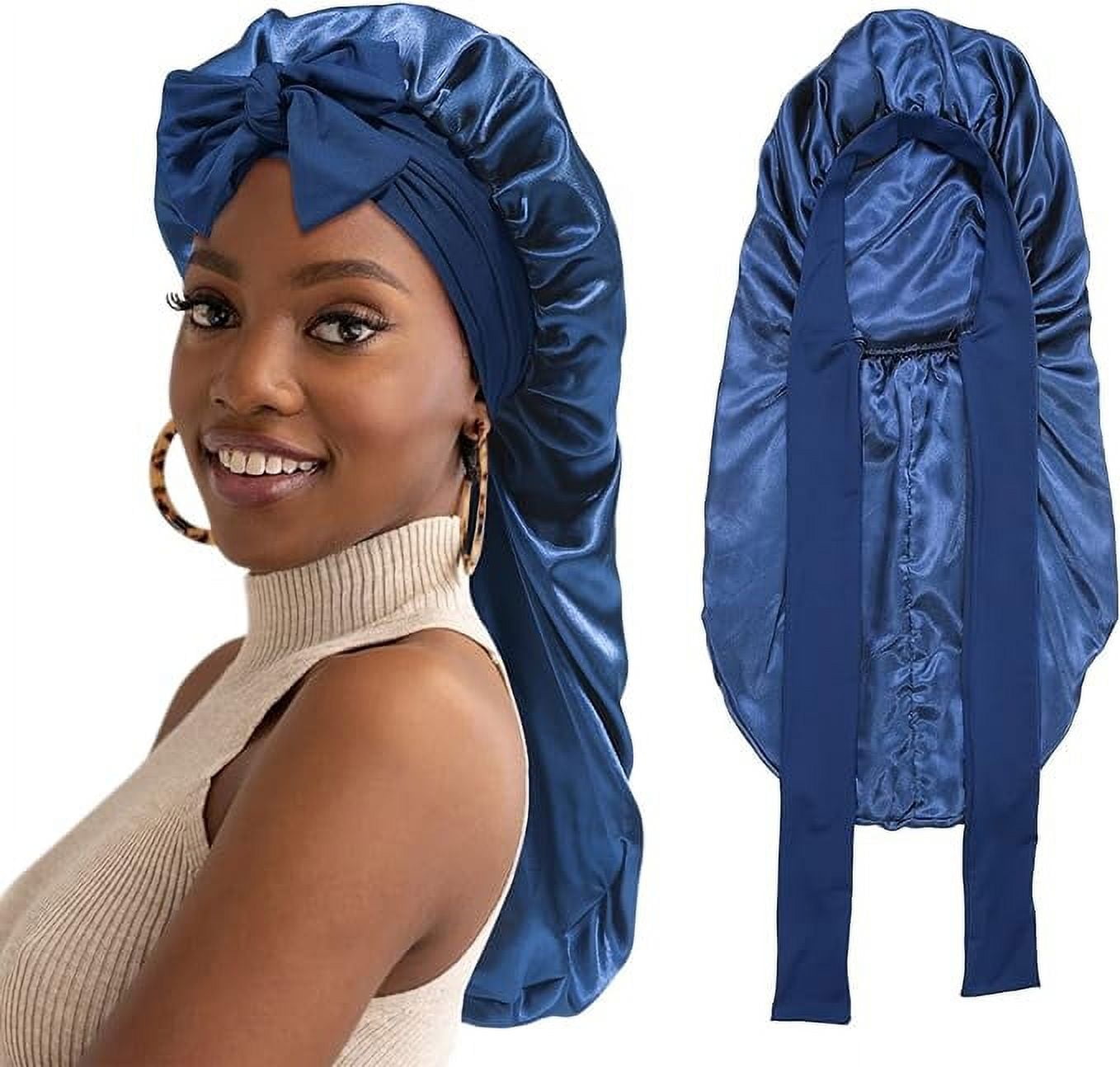 AWAYTR Long Satin Bonnet for Women - Double Layer Elastic Silk Bonnet ...