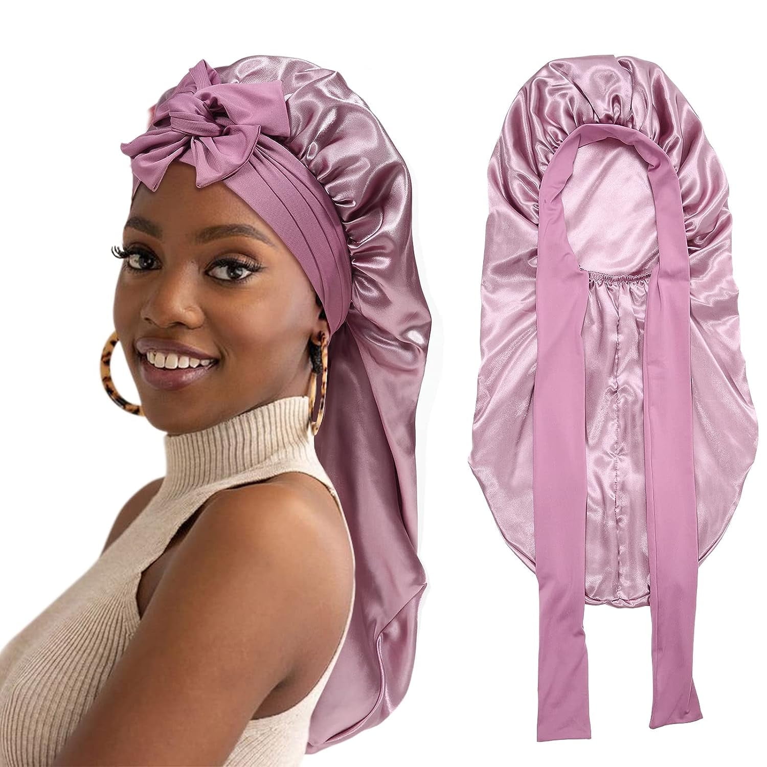 AWAYTR Long Satin Bonnet for Women - Double Layer Elastic Silk Bonnet ...