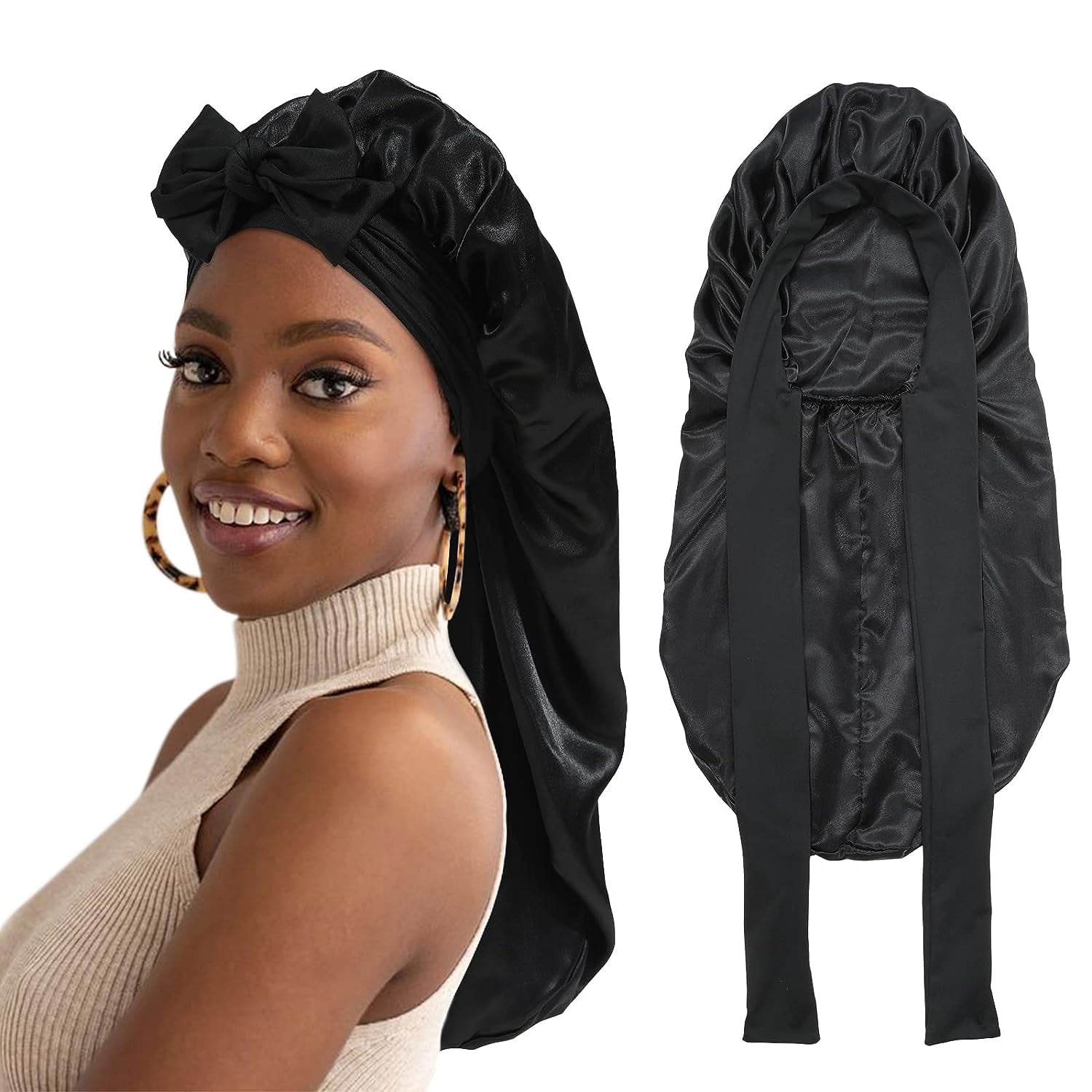 African Print Satin Bonnet With Long Ribbon Wrap Double Layer Head Wrap ...