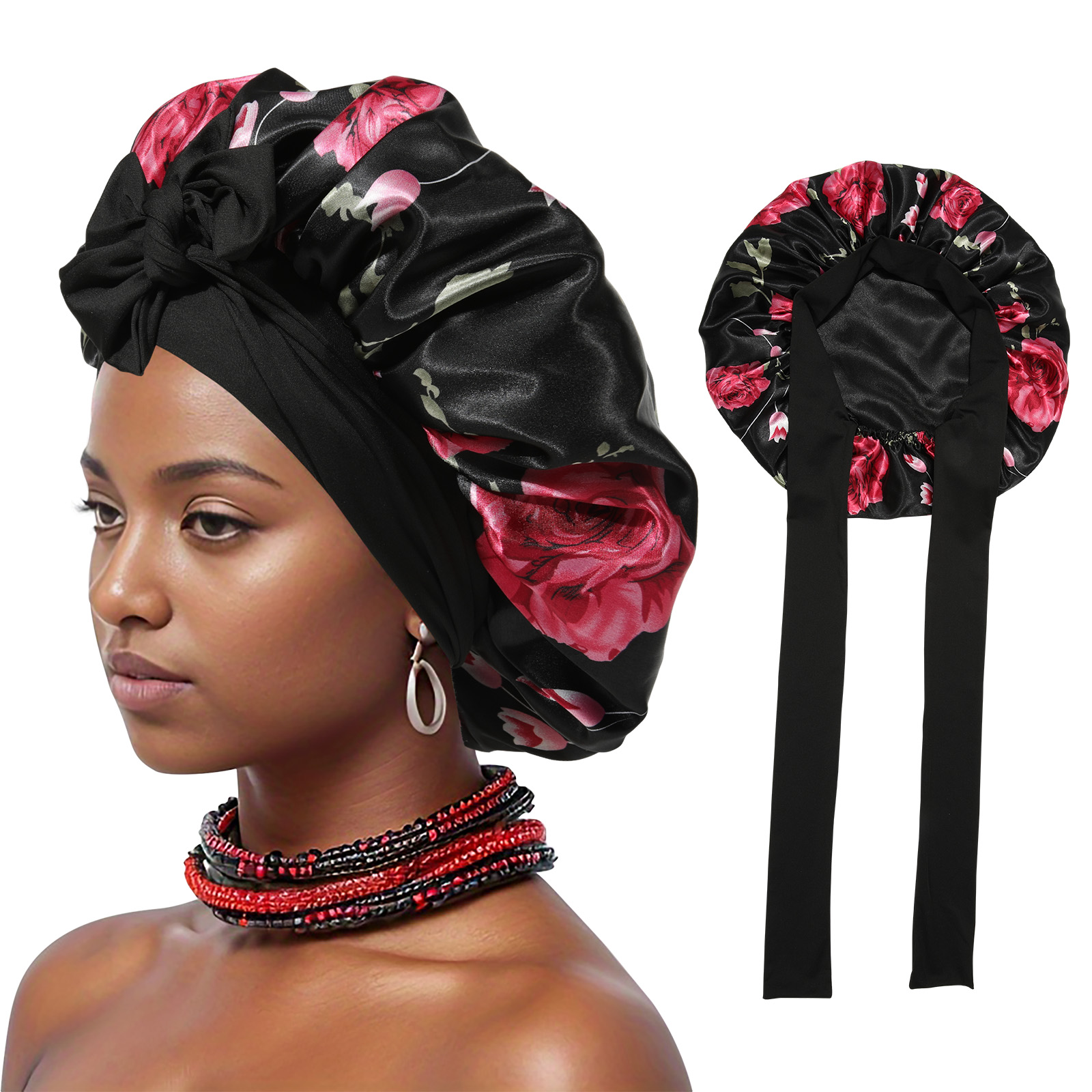 African Print Satin Bonnet With Long Ribbon Wrap Double Layer Head Wrap ...