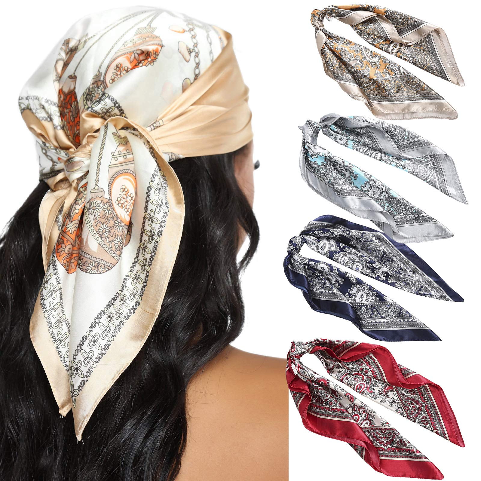 AWAYTR 4 Pcs Silk Satin Square Scarves - Multi-color Women's Head and ...