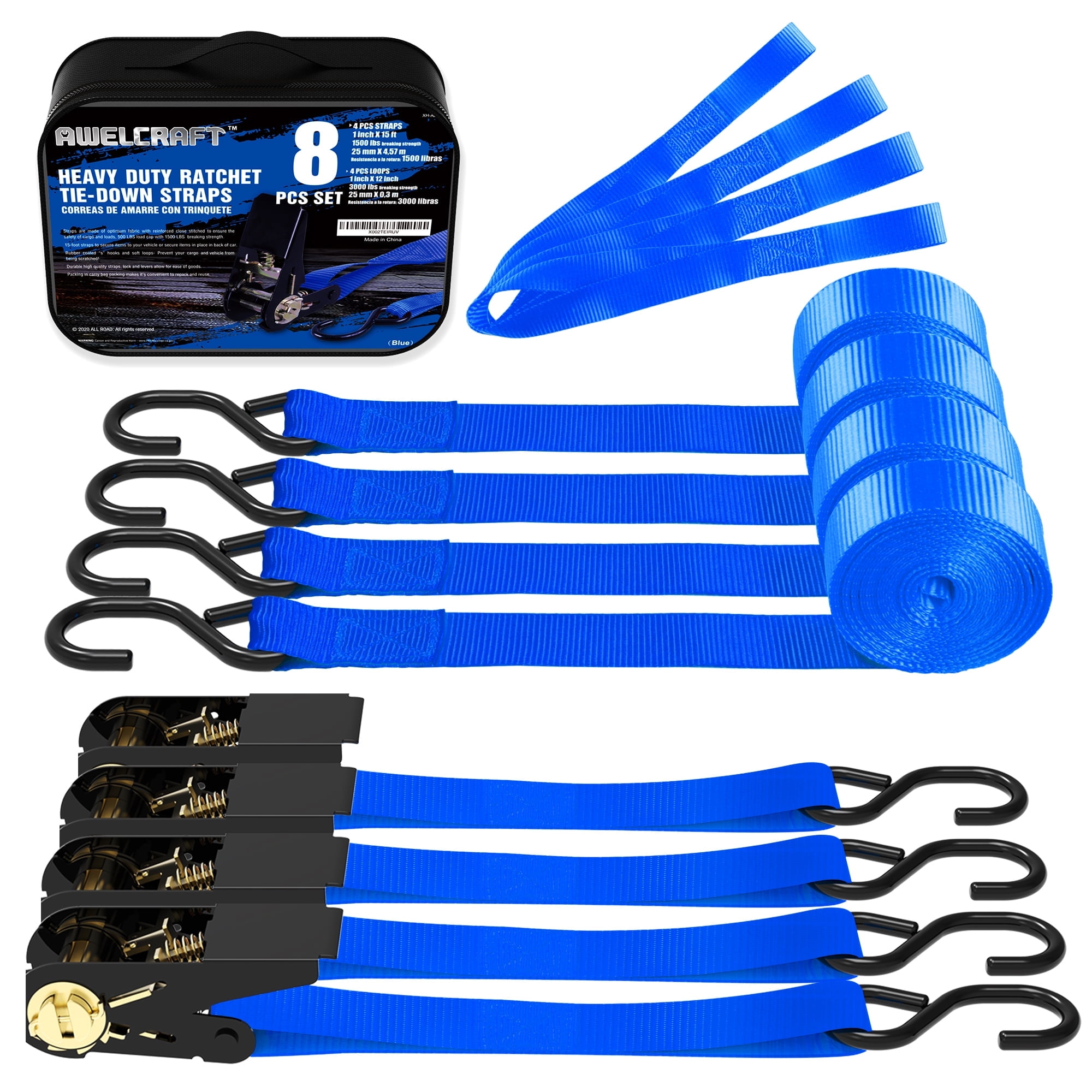 AWELCRAFT Ratchet Straps 1500 lbs, 4X 15ft Tie-down set for Moving ...