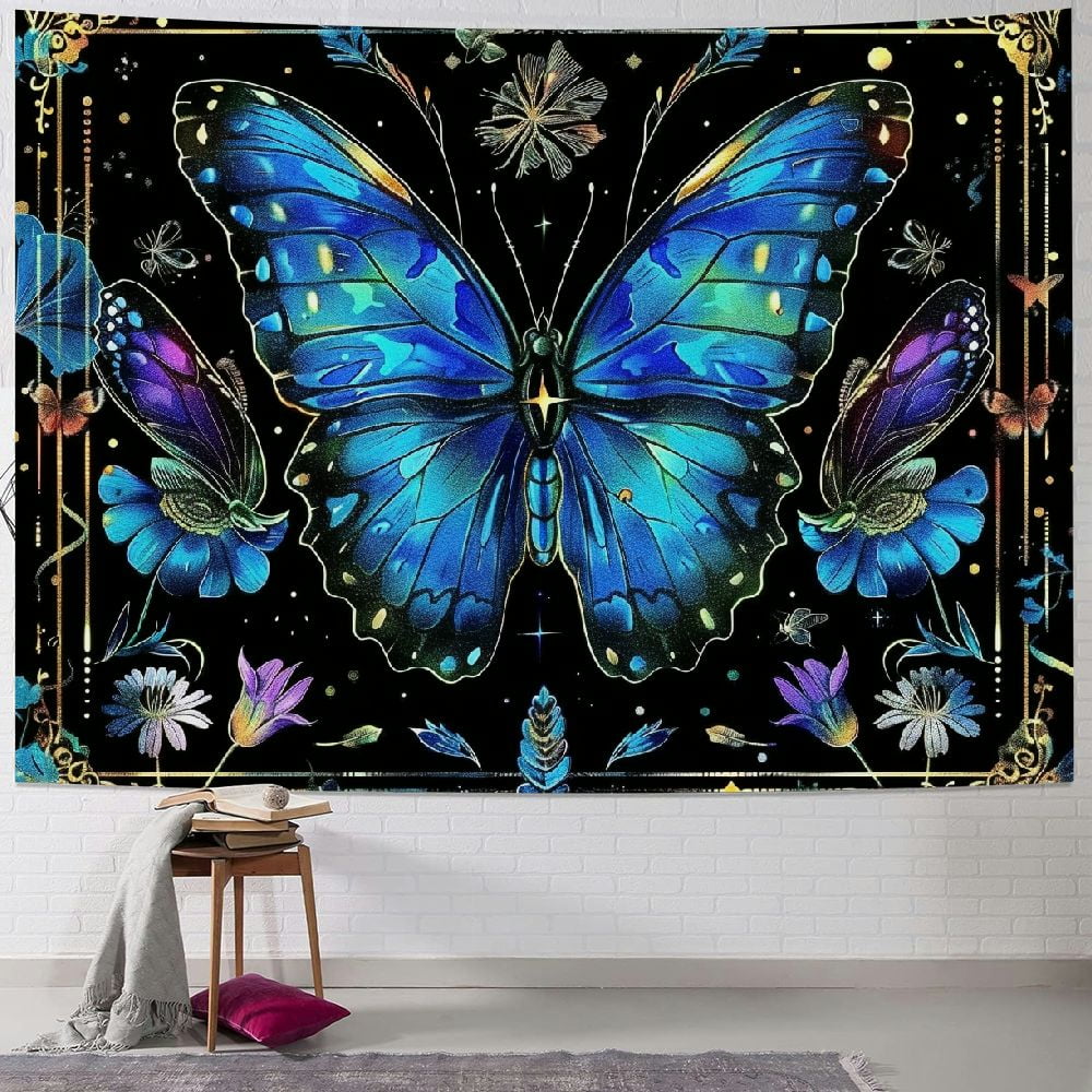 AWERP Blue Butterfly Tapestry Boho Floral Tapestries Botanical Moon ...