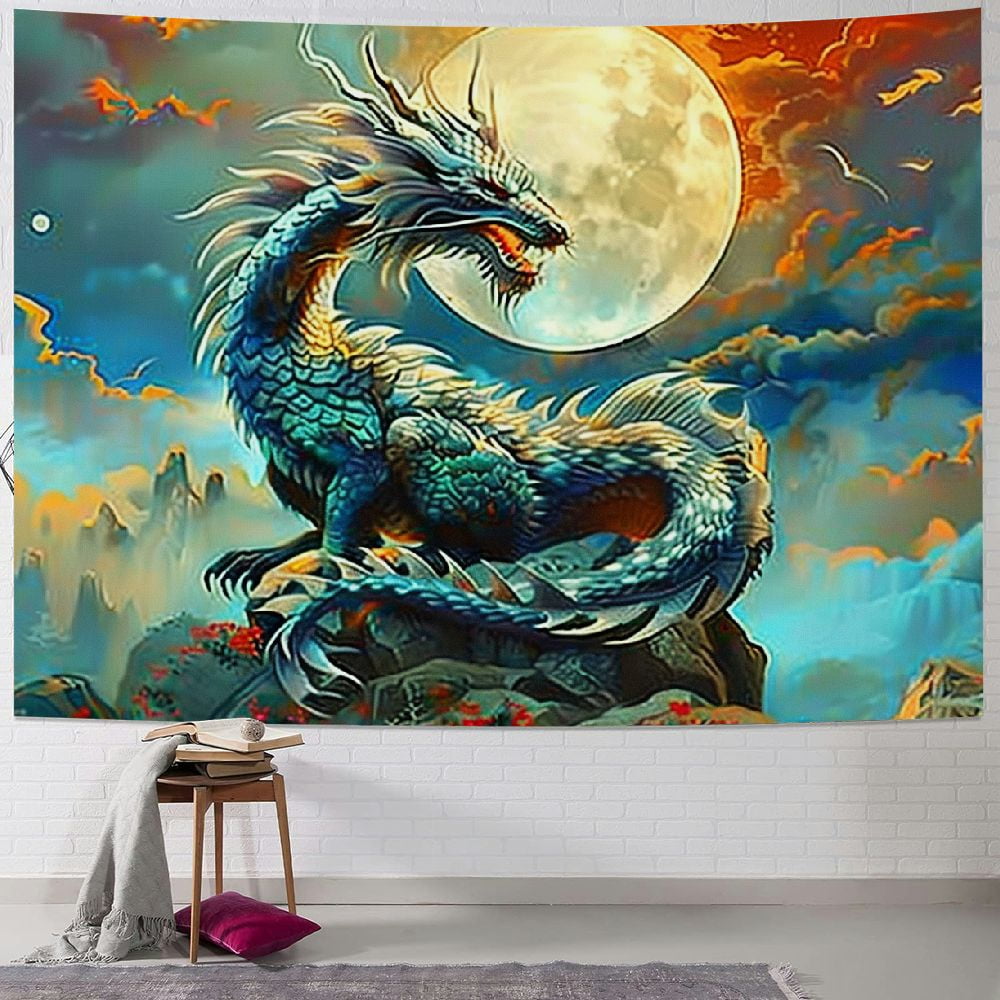 Jiayy Japanese Dragon Tapestry Wall Hanging Asian Anime Tapestry Moon