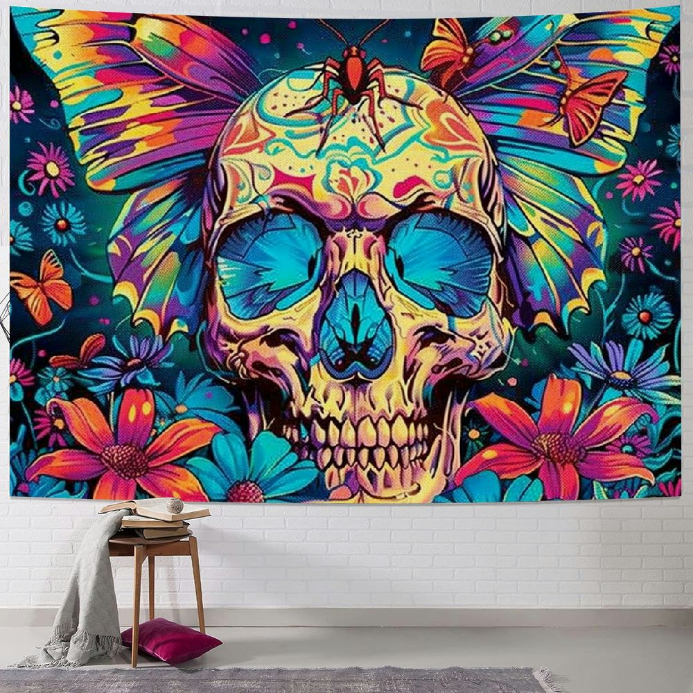 AWERP skull One Piece Tapestry Psychedelic Butterfly Flower Bohemian ...
