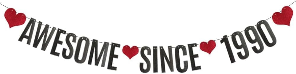 AWESOME SINCE 1990 Banner,Black Glitter Paper Banner for 35th Birthday ...