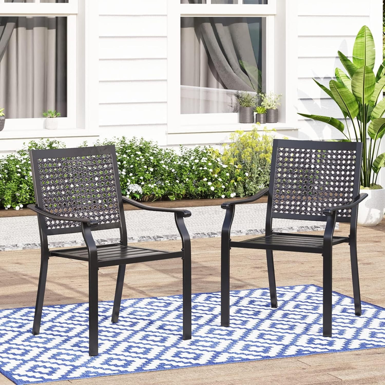 AWFHHT 2 Piece Black Patio Dining Chairs,Stackable Outdoor Metal Mesh ...