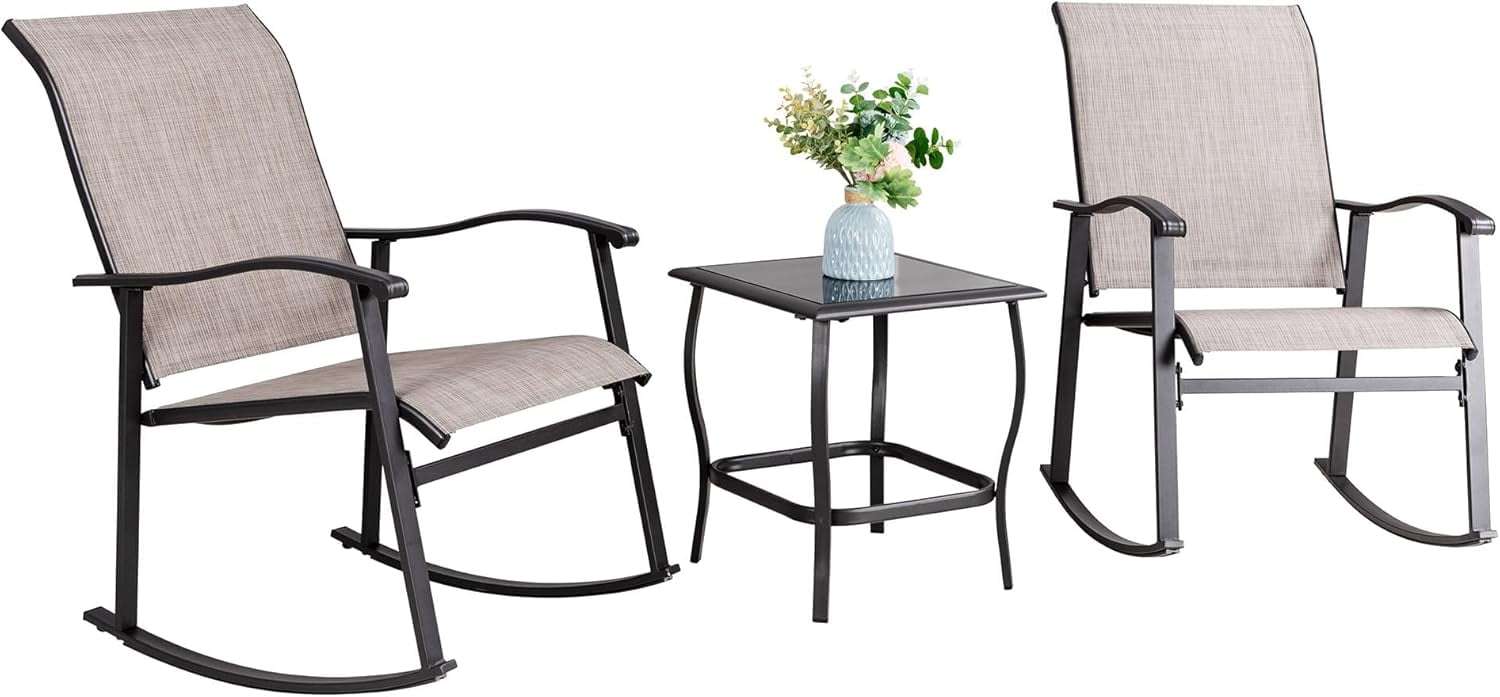 AWFHHT 3 Piece Outdoor Rocking Bistro Set, Textilene Fabric Small Patio ...