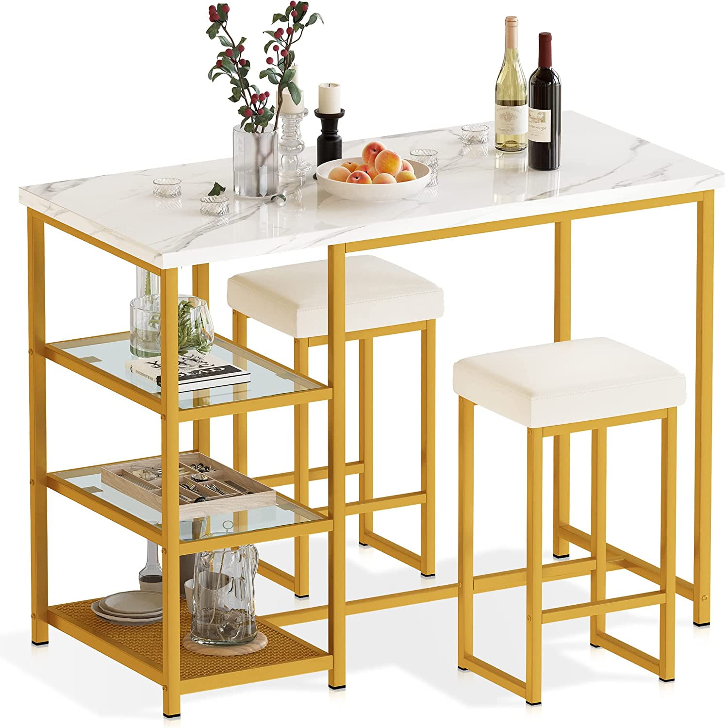 AWQM 3 Piece Bar Table Set with Storage, Kitchen Island with Seating ...