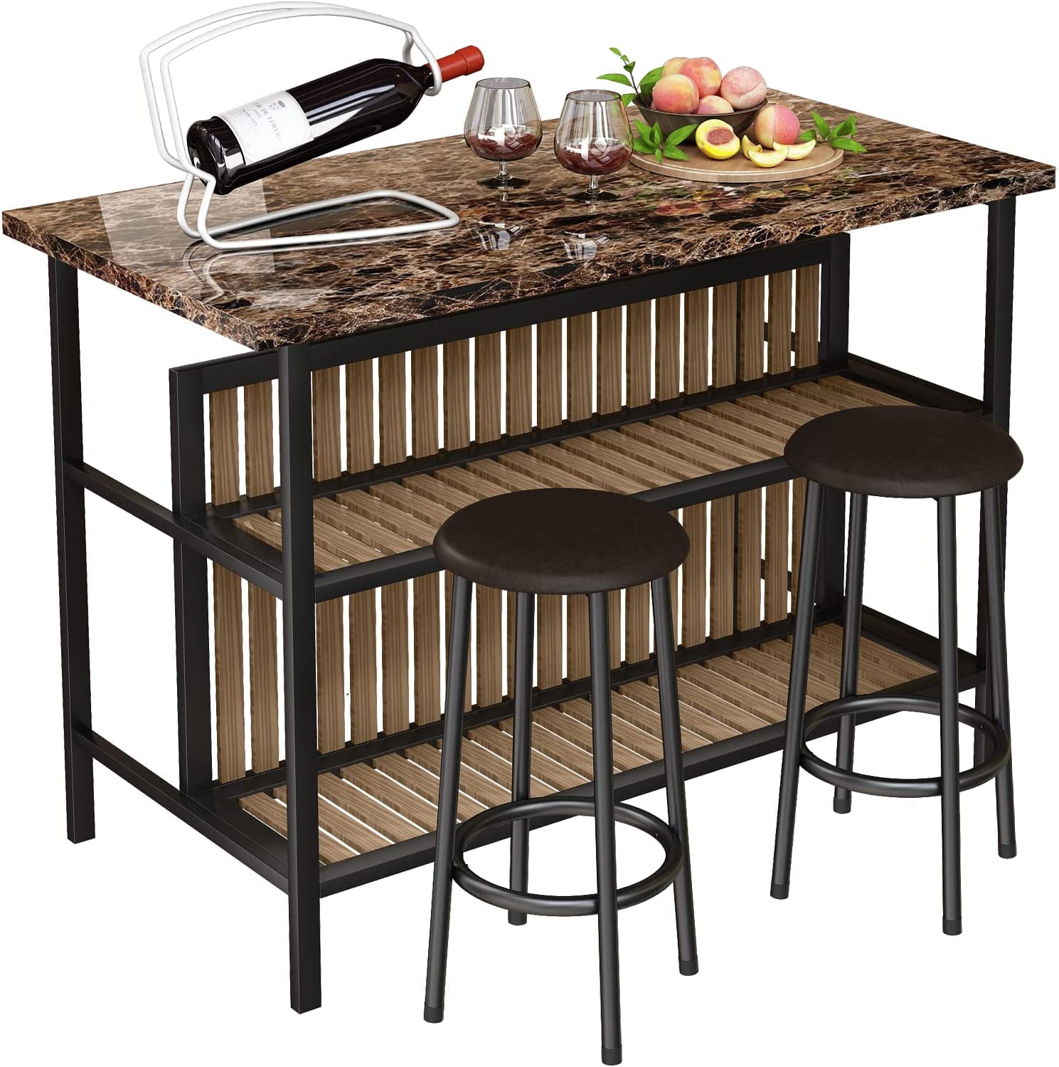 AWQM 3 Piece Bar Table Set with Storage, Kitchen Island with Seating ...