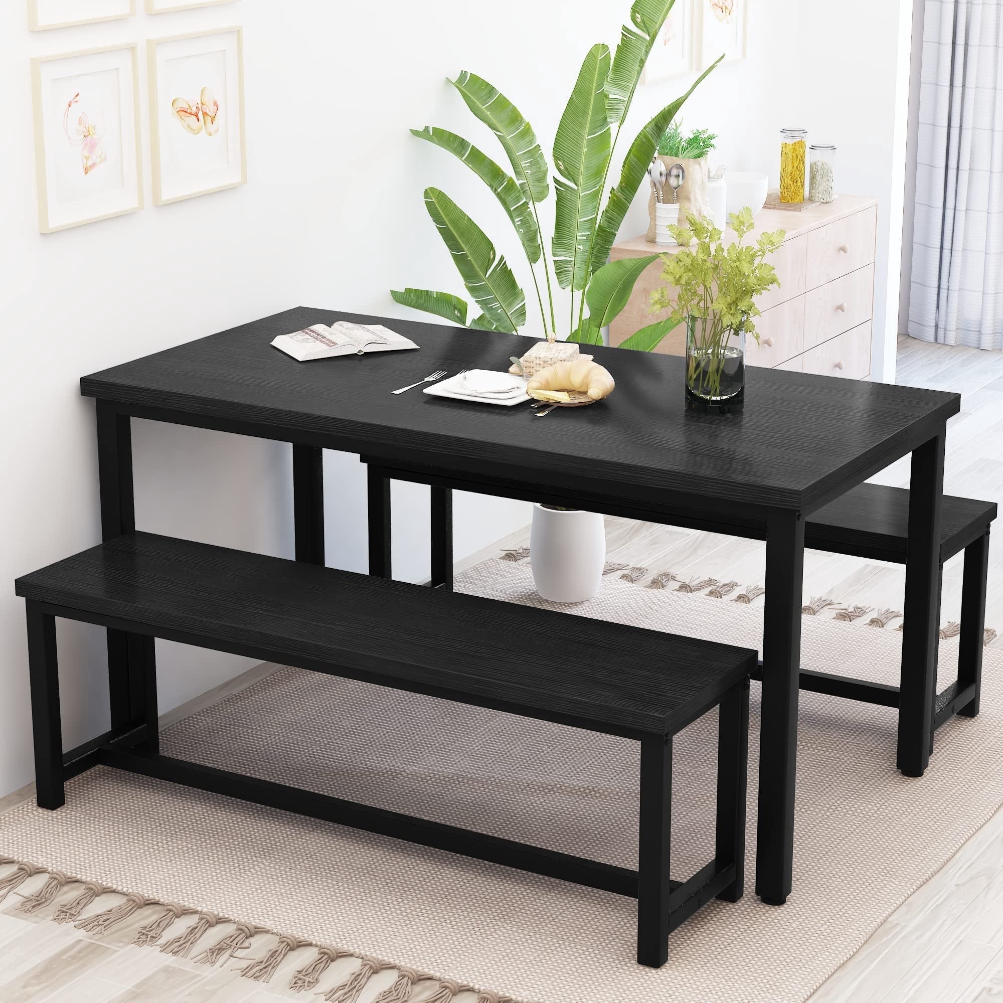 AWQM Black Dining Table Set, Kitchen Table with 2 Benches, 43.3x23.6x28 ...