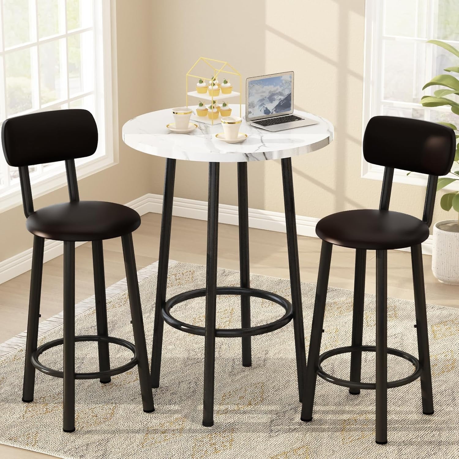 AWQM 3 Piece Pub Table Sets, 23.6" Round Faux Marble Bar Tables with 2 ...