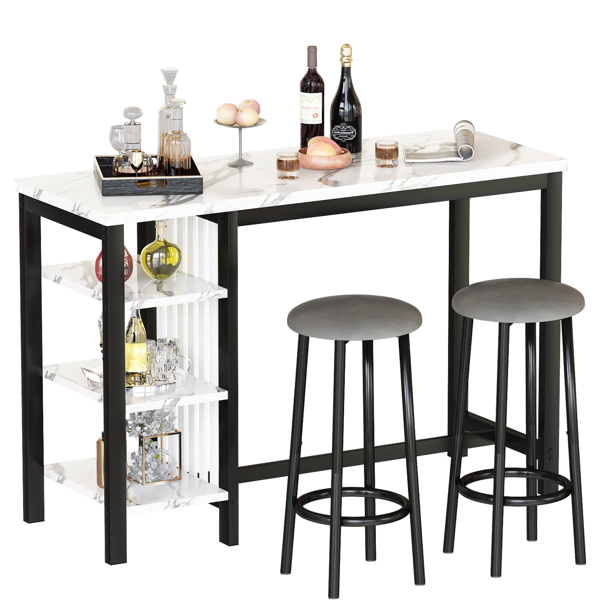 AWQM 3 Pieces Bar Table Set for 2, Faux Marble Kitchen Table with 2 ...