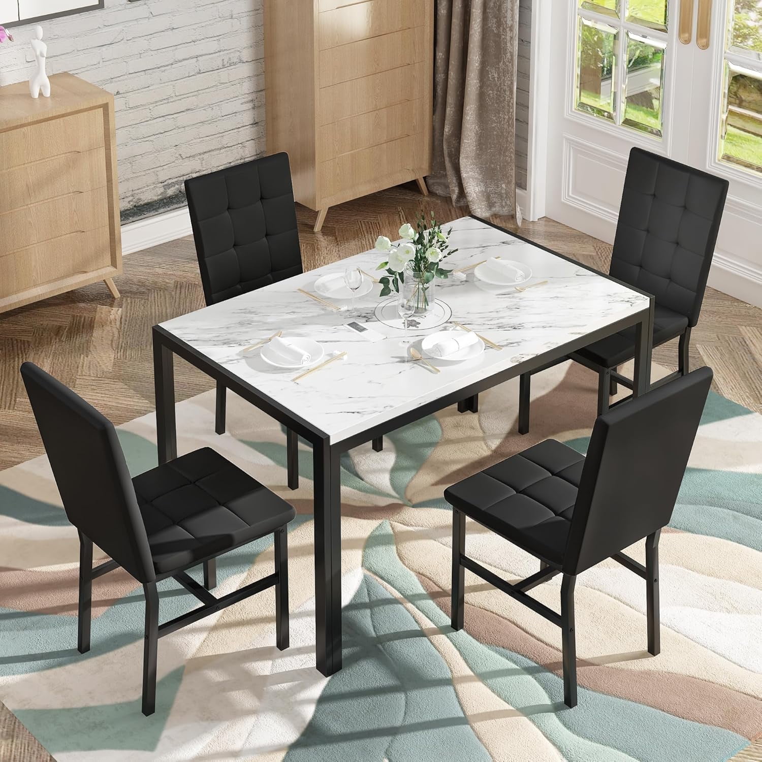 AWQM 4 Person Kitchen Dining Set, Marble Dining Table and Chairs with 4 ...