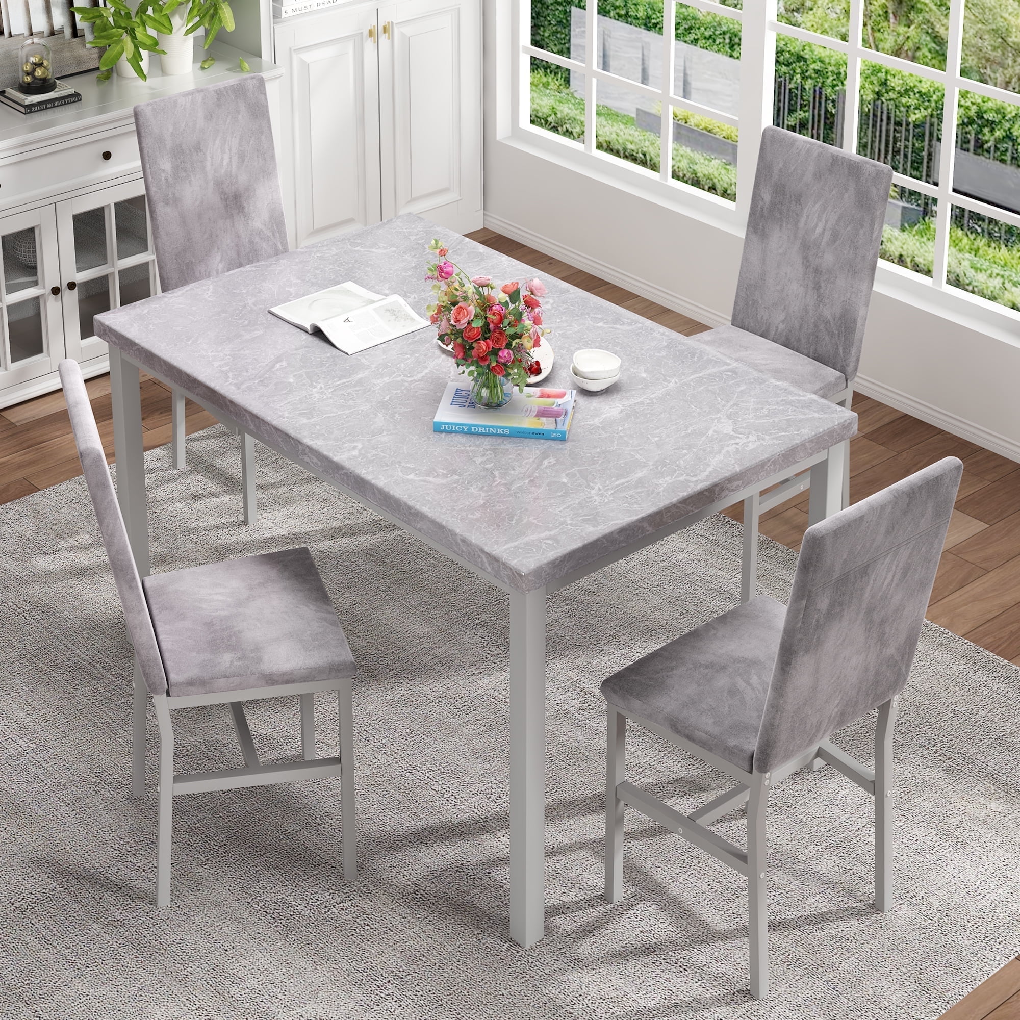 AWQM 4-Person Marble Dining Table and Chairs Set for Kitchen, Dining ...