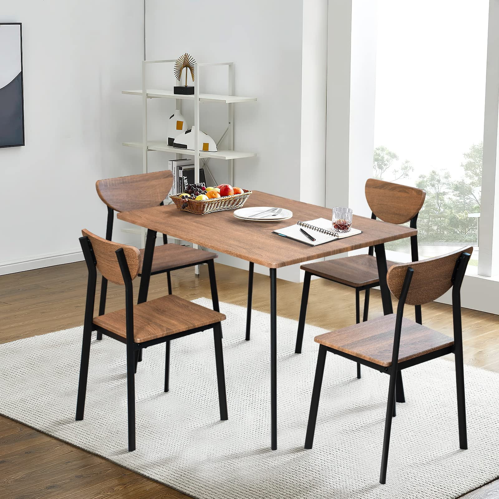 AWQMs-Modern Wood and Metal Dining Room Set 5 Piece Set with 4 Oak ...